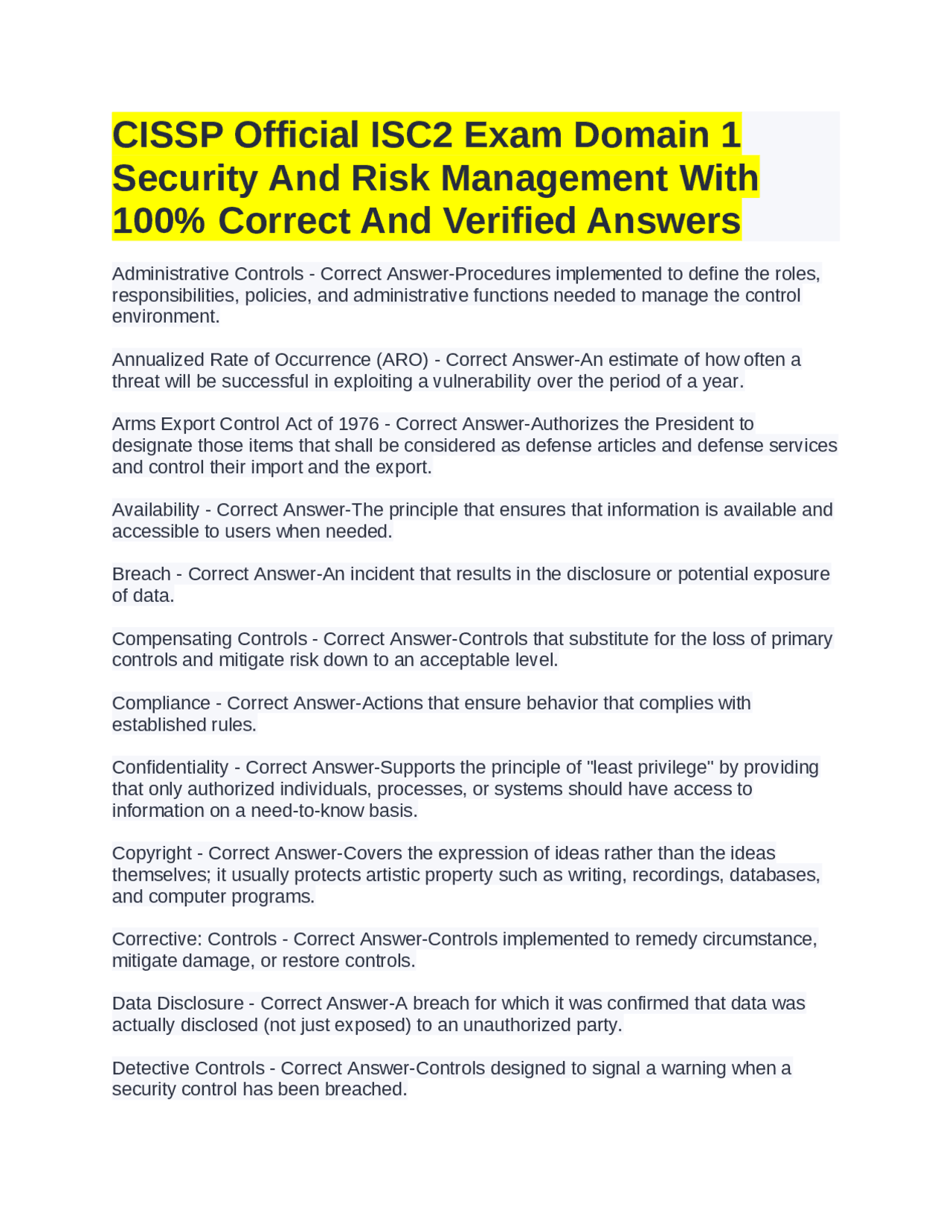 Cissp Official Isc2 Exam Domain 1 Security And Risk Management With 100 Correct And Verif