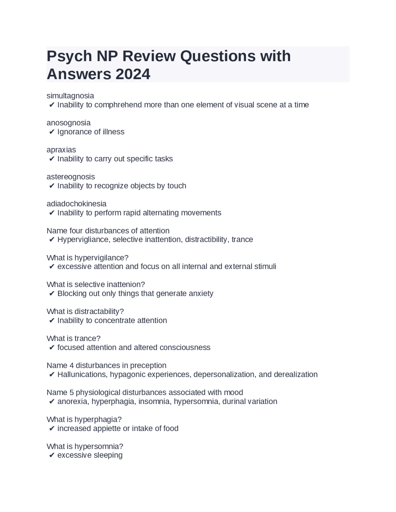Psych NP Review Questions with Answers 2024 | Exams Medicine | Docsity