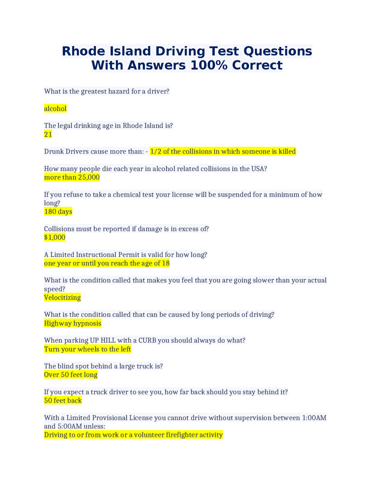 Rhode Island Driving Test Questions With Answers 100% Correct | Exams ...