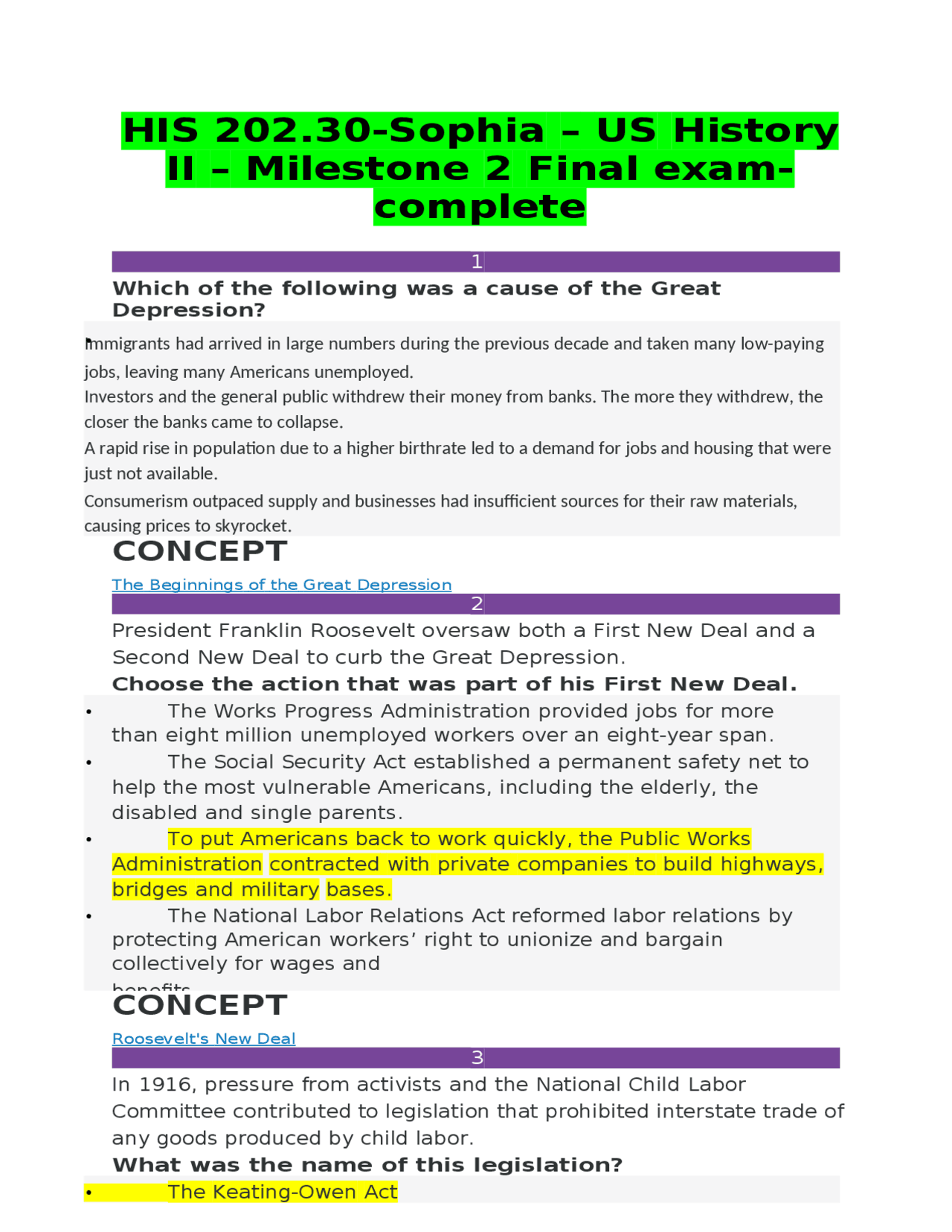 HIS 202.30-Sophia – US History II – Milestone 2 Final exam-complete ...