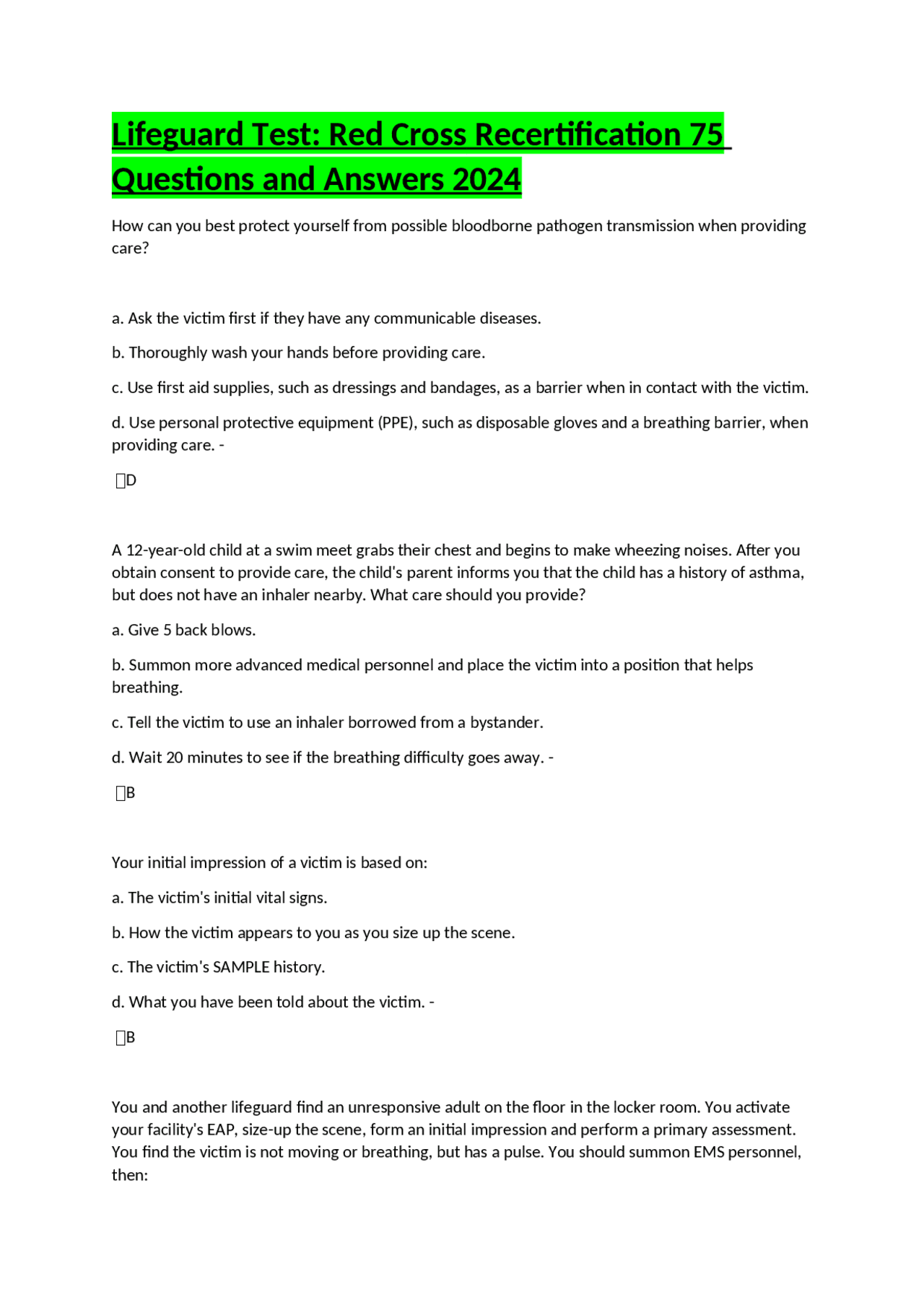 Lifeguard Test: Red Cross Recertification 75 Questions and Answers 2024 ...
