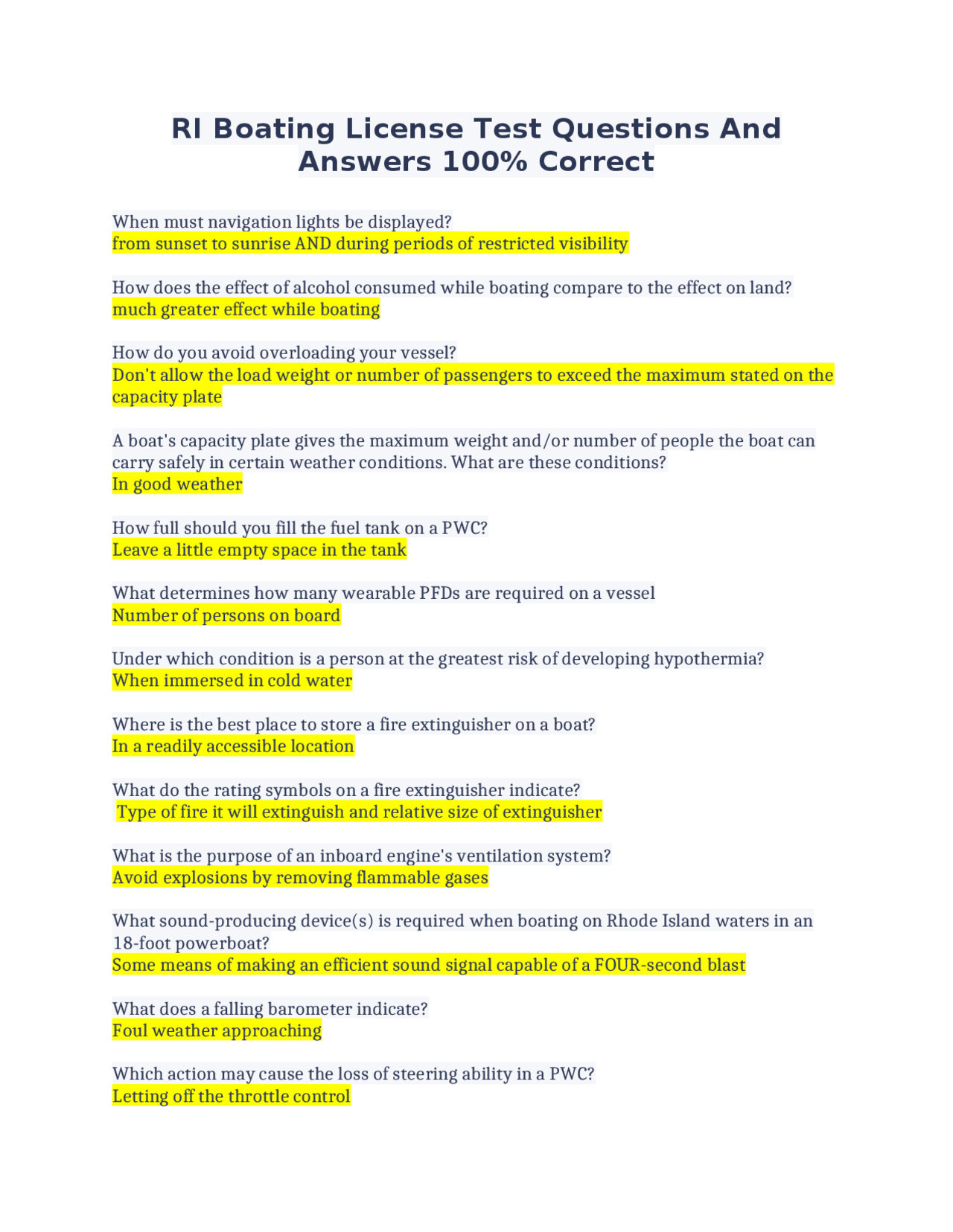 RI Boating License Test Questions And Answers 100% Correct | Exams ...