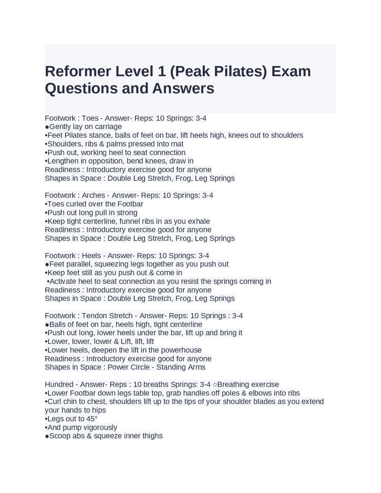 Reformer Level 1 (Peak Pilates) Exam Questions and Answers | Exams ...