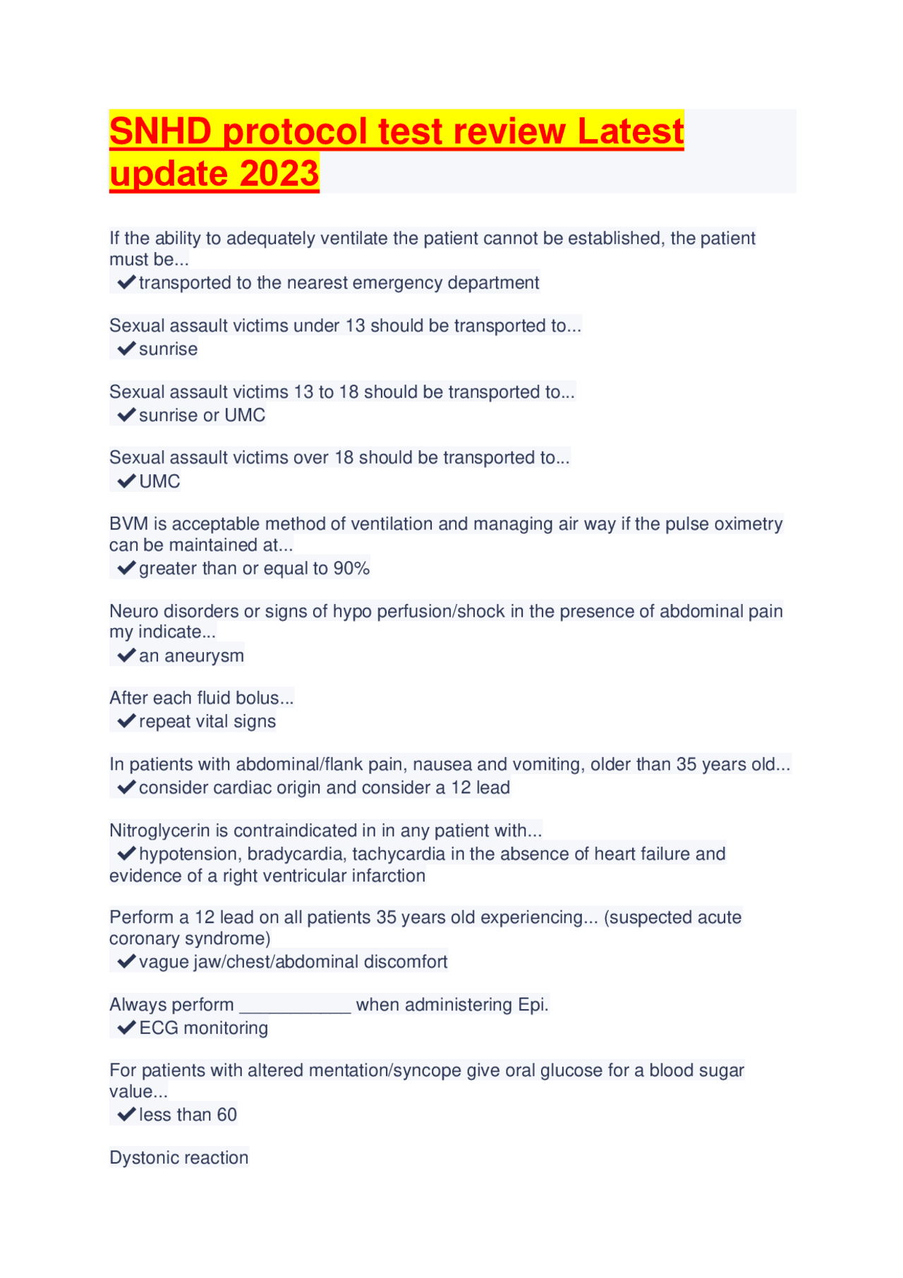 SNHD protocol test review Latest update 2023.pdf | Exams Nursing | Docsity