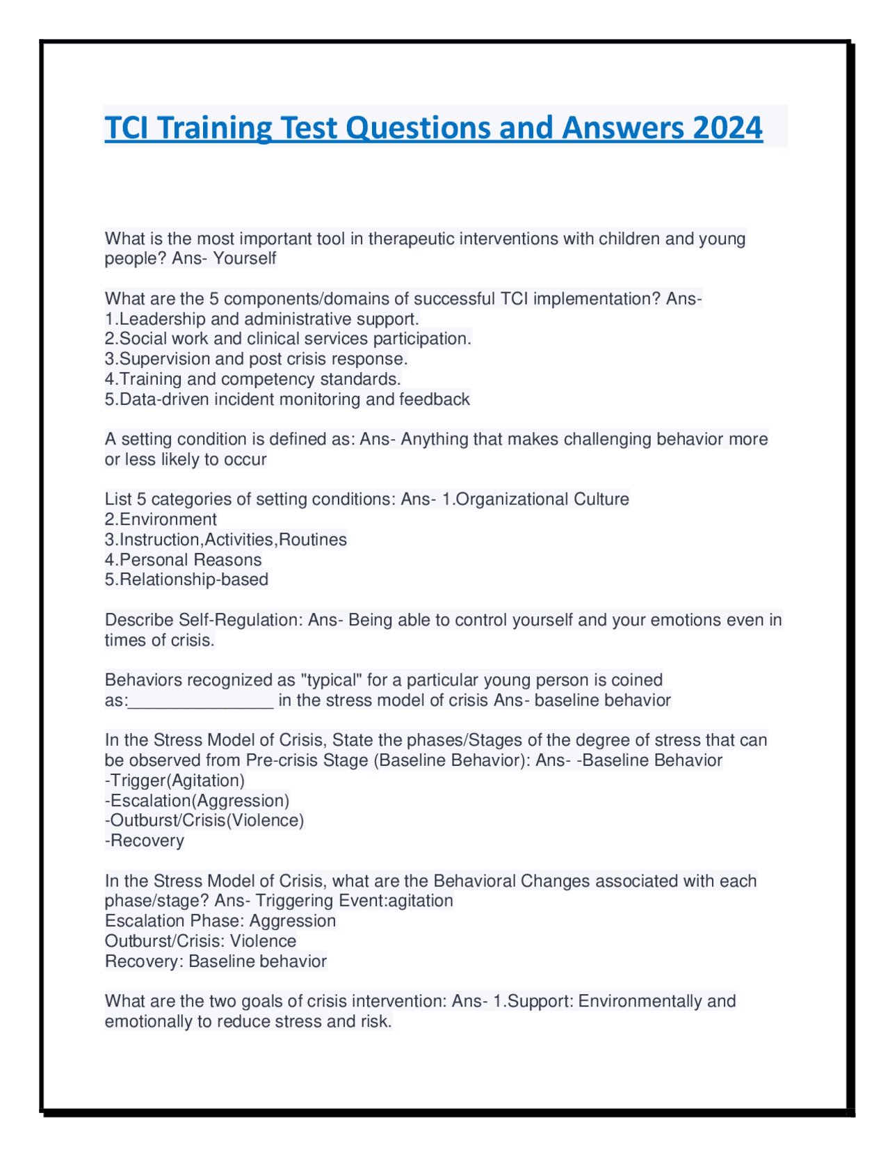 TCI Training Test Questions and Answers 2024 | Exams Nursing | Docsity