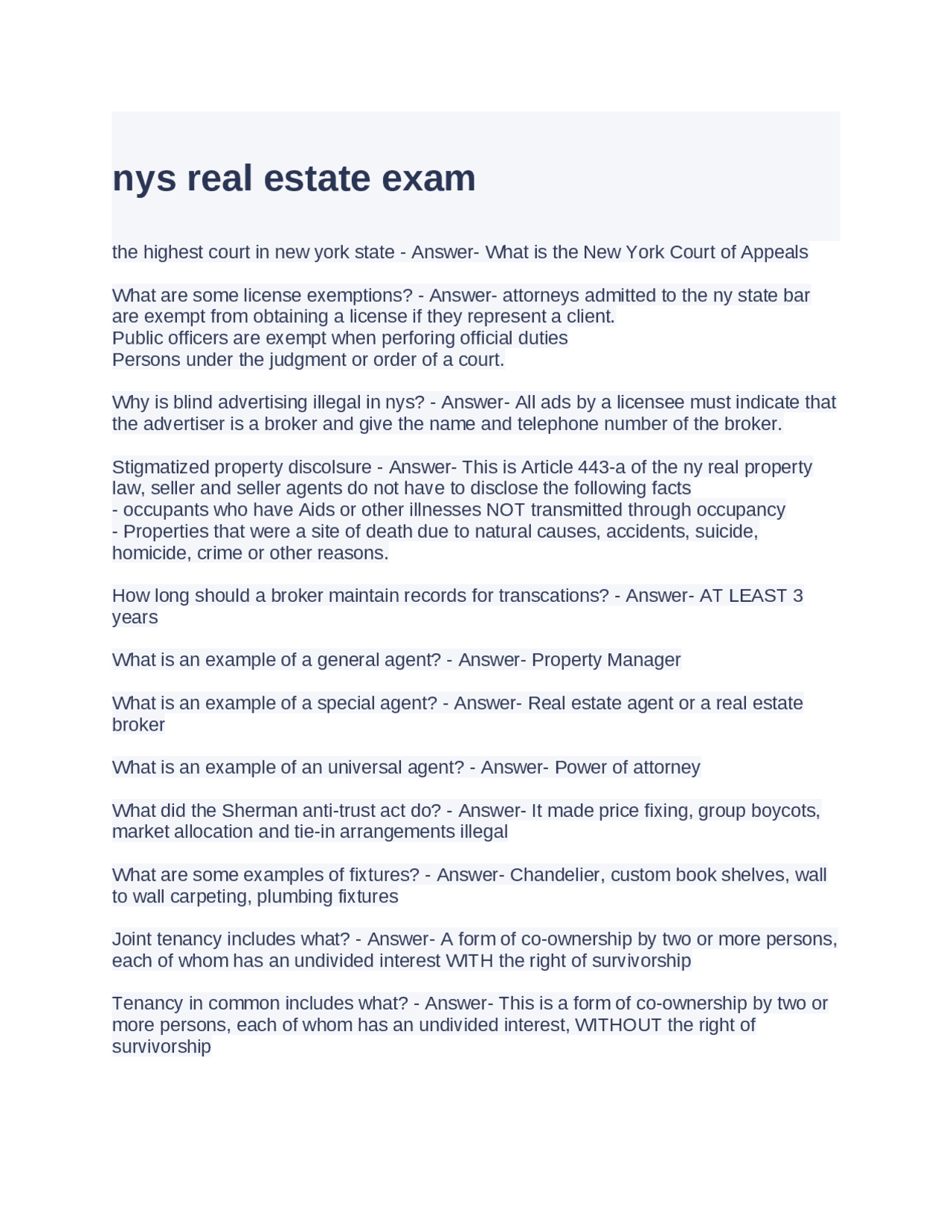 nys real estate exam with correct answers | Exams Real Estate ...