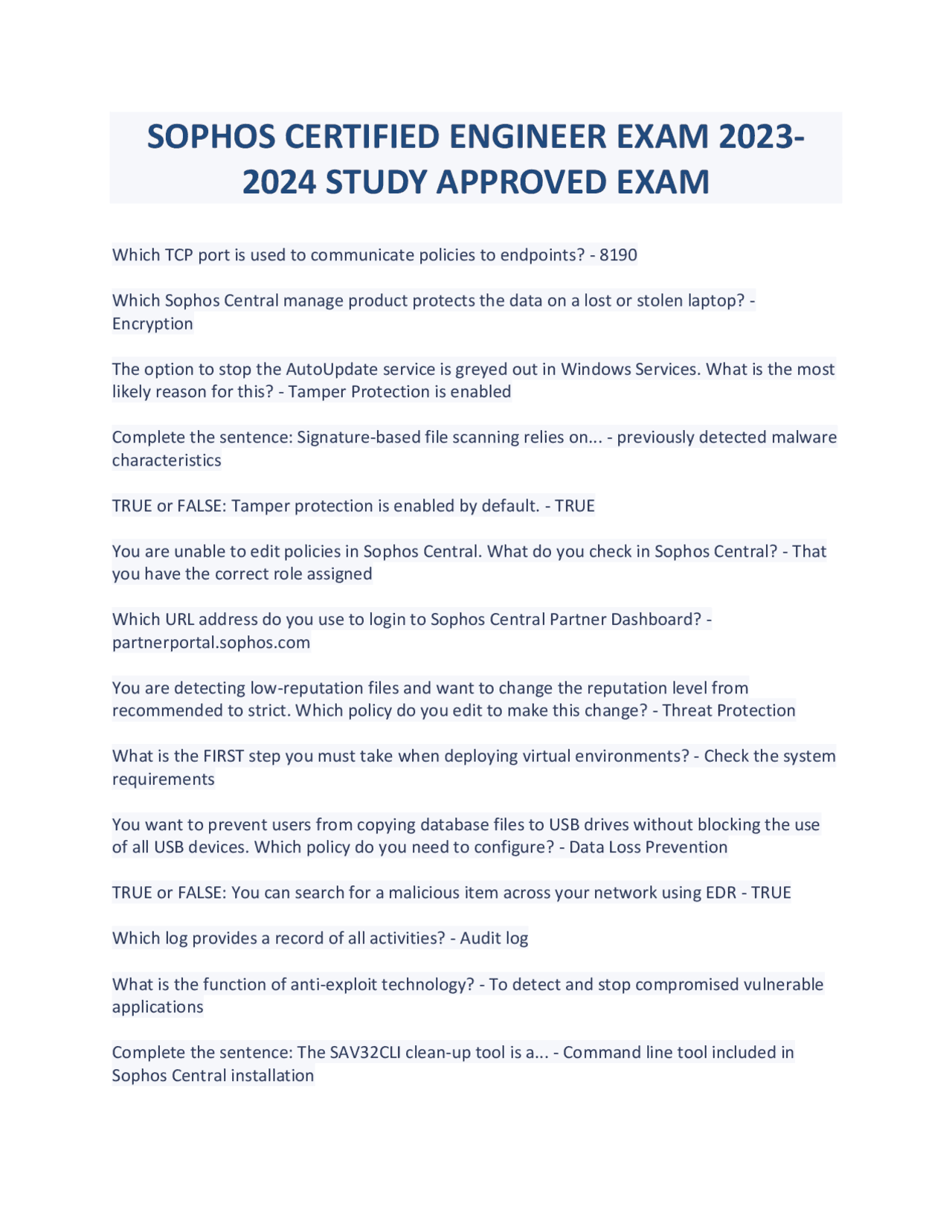 SOPHOS CERTIFIED ENGINEER EXAM 2024 | Exams Engineering | Docsity