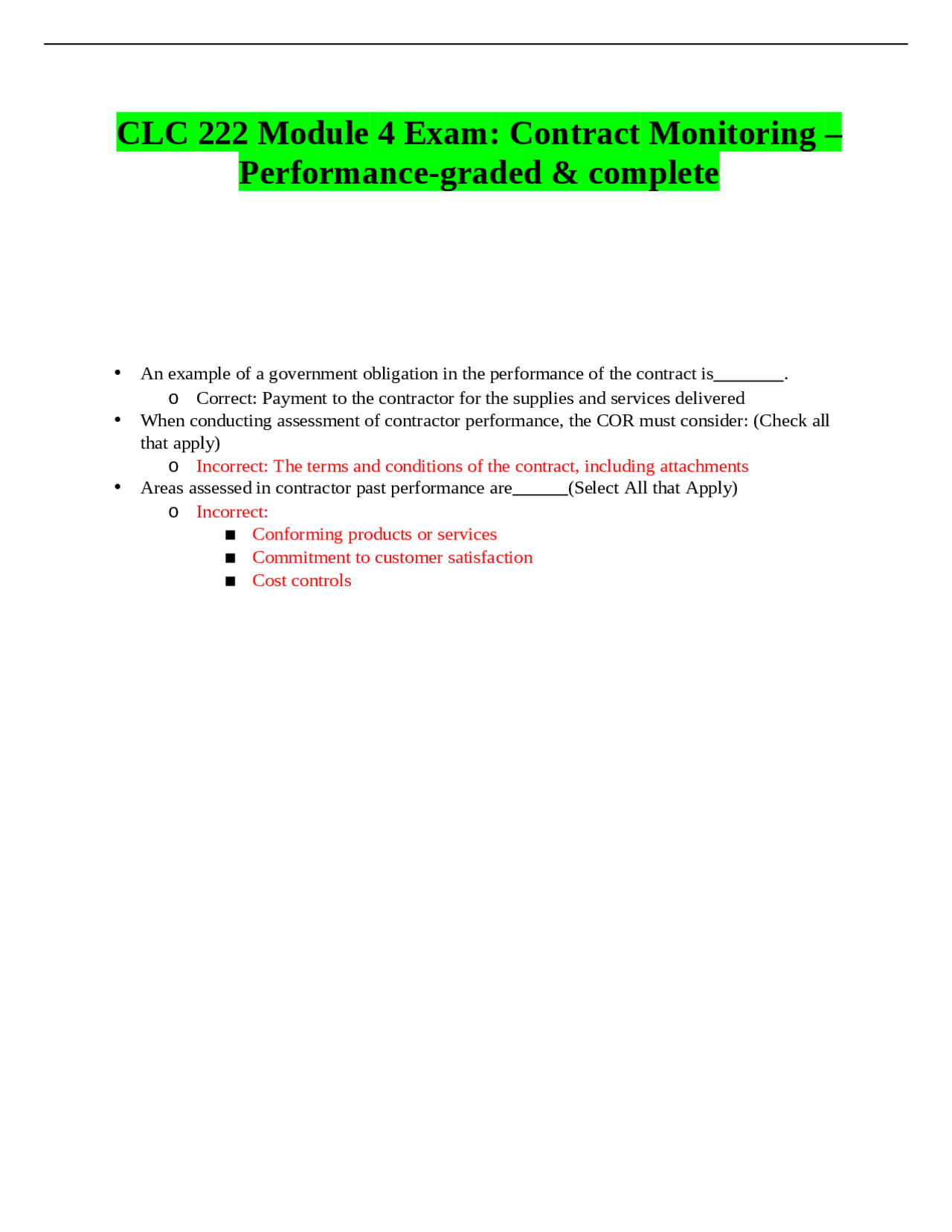 CLC 222 Module 4 Exam- Contract Monitoring – Performance-graded & complete.docx | Exams Business ...