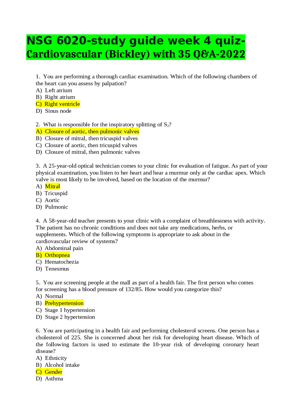 NSG 6020-study guide week 4 quiz-Cardiovascular (Bickley) with 35 Q&A-2022 .docx | Exams Nursing ...