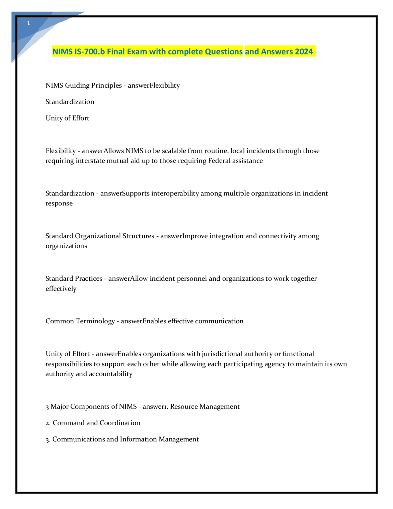 NIMS IS-700.b Final Exam with complete Questions and Answers 2024 ...