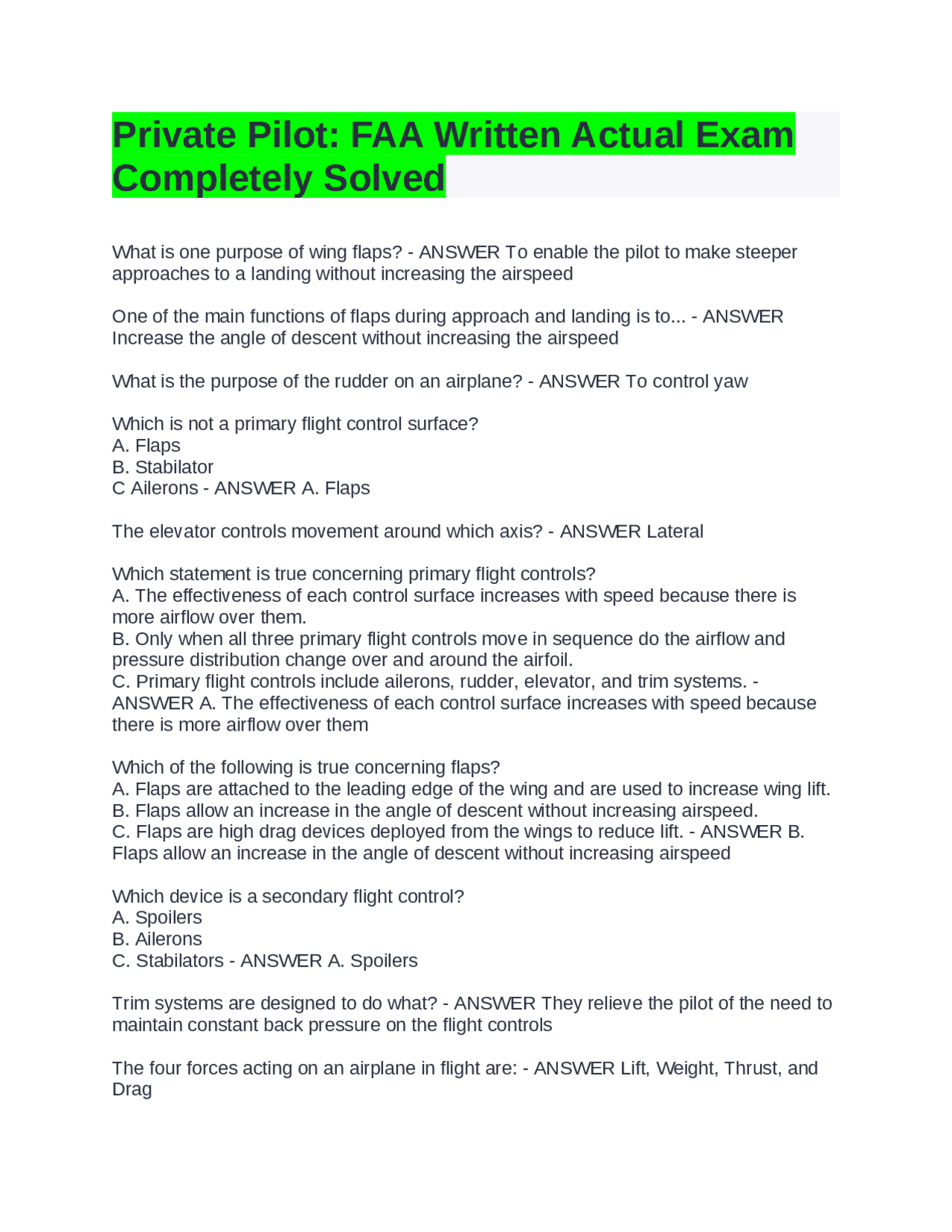 Private Pilot: FAA Written Actual Exam Completely Solved | Exams ...