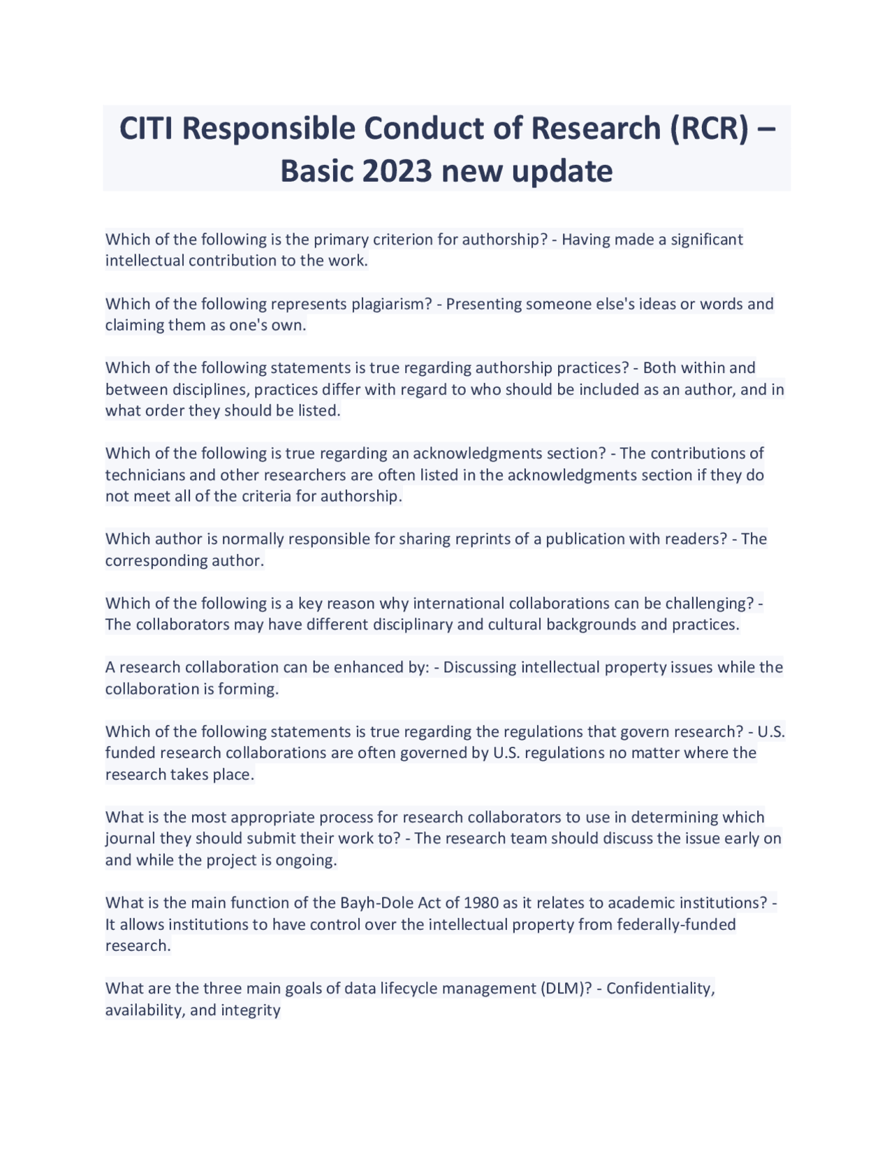 CITI Responsible Conduct of Research (RCR) – Basic 2023 new update | Exams Nursing | Docsity