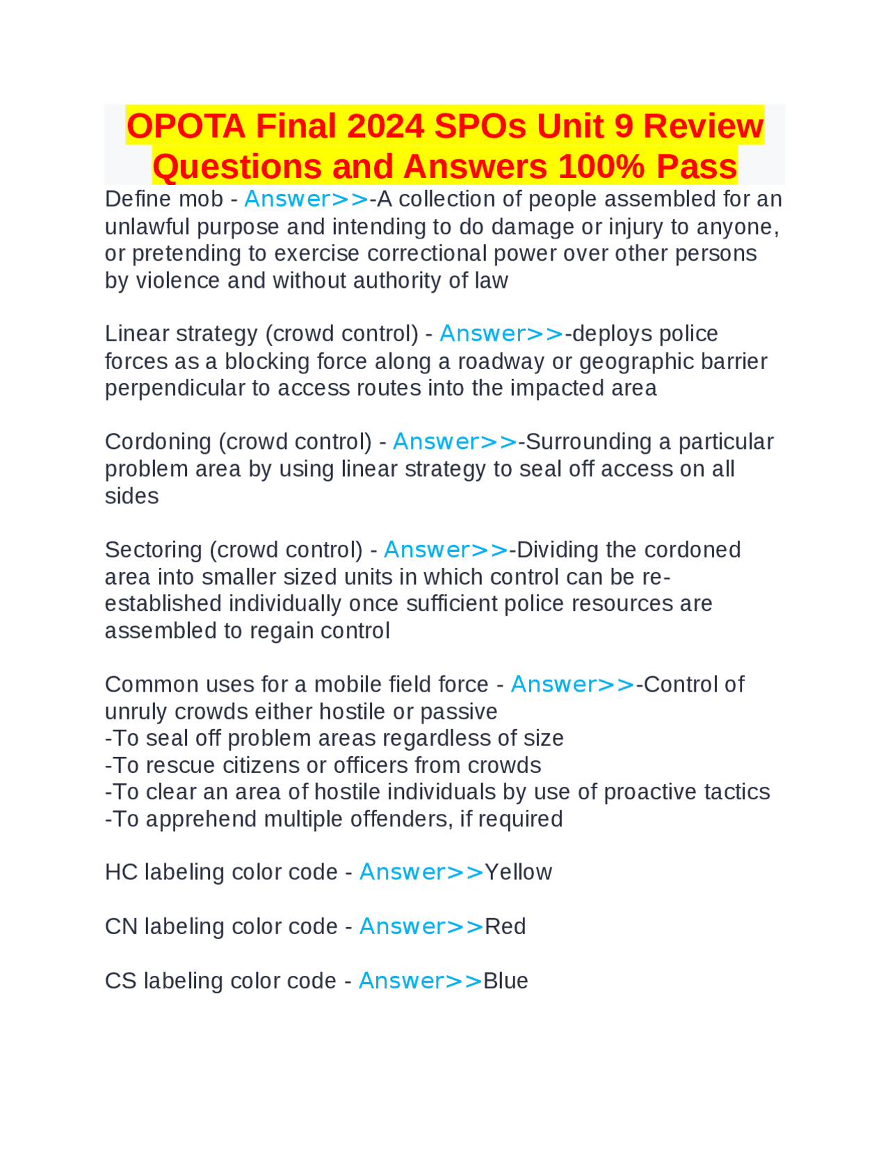 OPOTA Final 2024 SPOs Unit 9 Review Questions and Answers 100% Pass | Exams Public Law | Docsity
