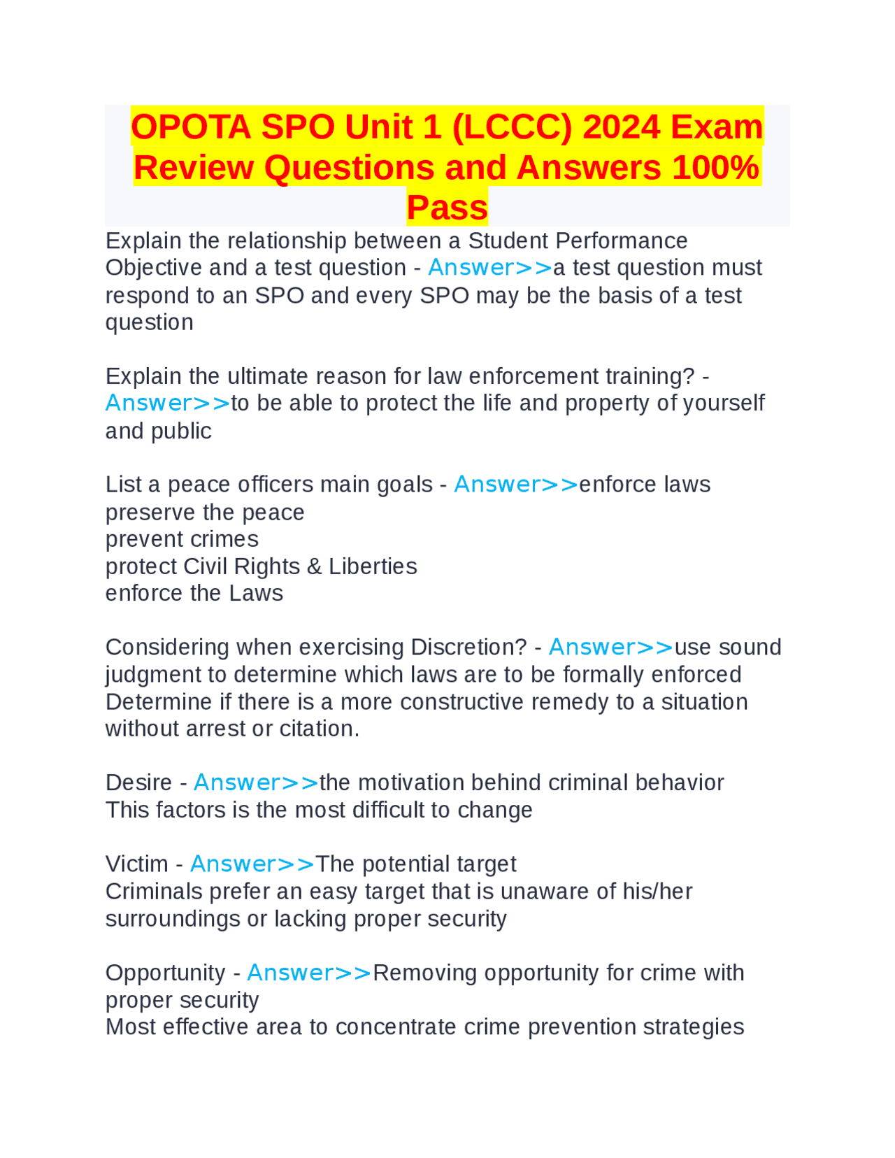 OPOTA SPO Unit 1 (LCCC) 2024 Exam Review Questions and Answers 100% ...