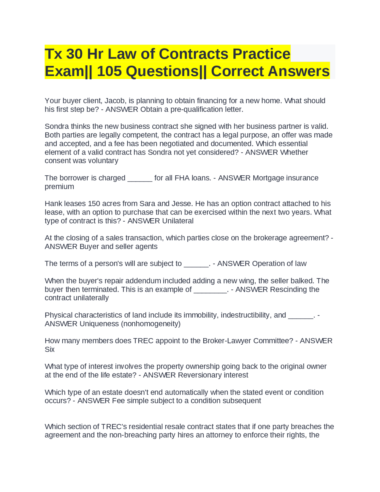 Tx 30 Hr Law of Contracts Practice Exam|| 105 Questions|| Correct ...