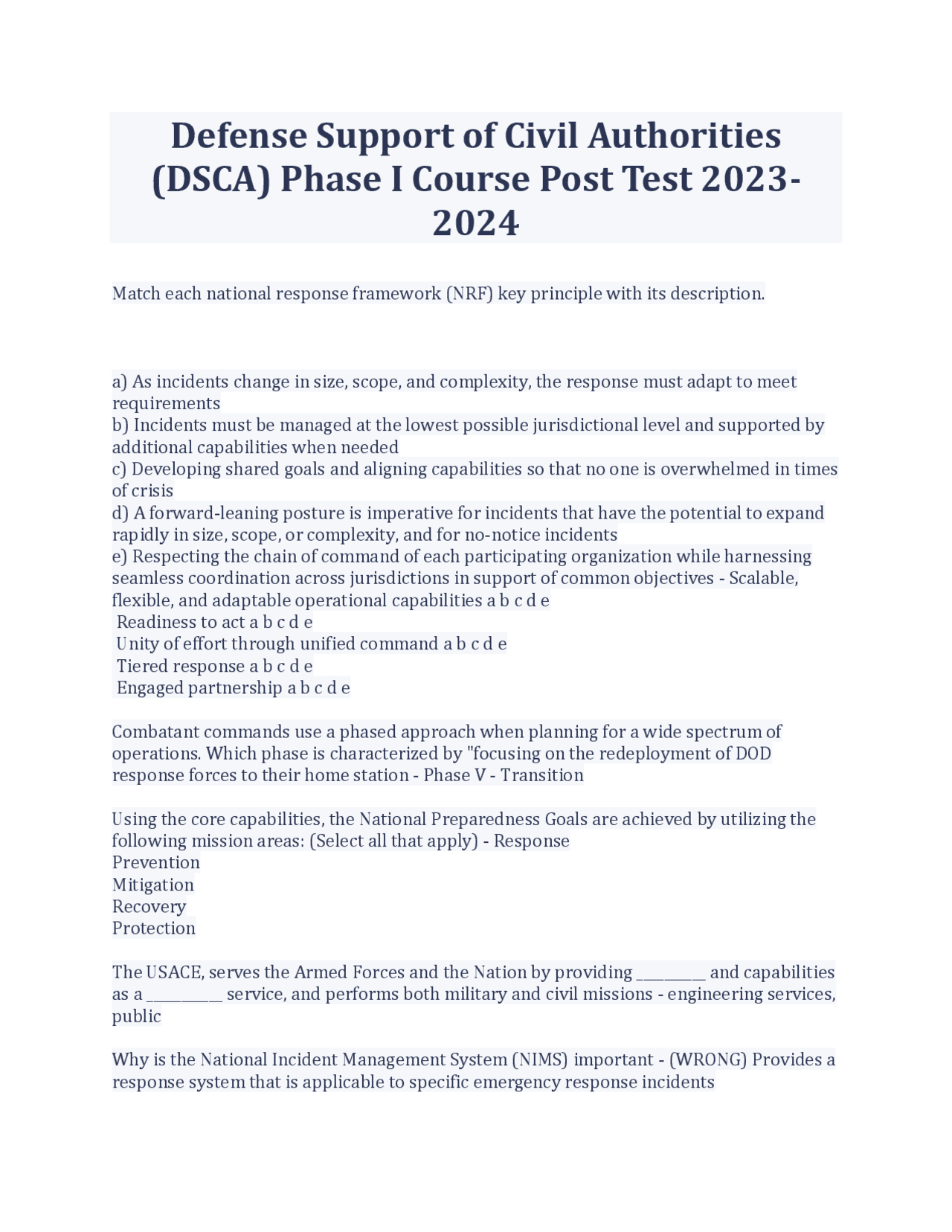 Defense Support of Civil Authorities (DSCA) Phase I Course Post Test ...