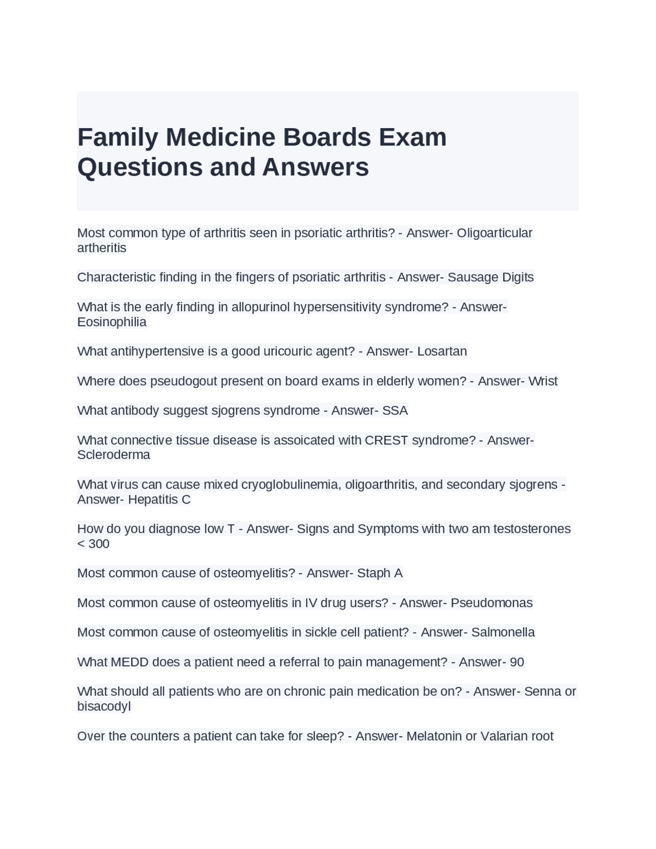 Family Medicine Boards Exam Questions and Answers | Exams Nursing | Docsity