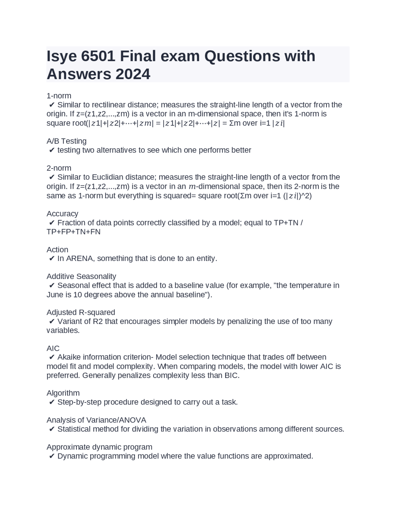 Isye 6501 Final exam Questions with Answers 2024 | Exams Engineering | Docsity