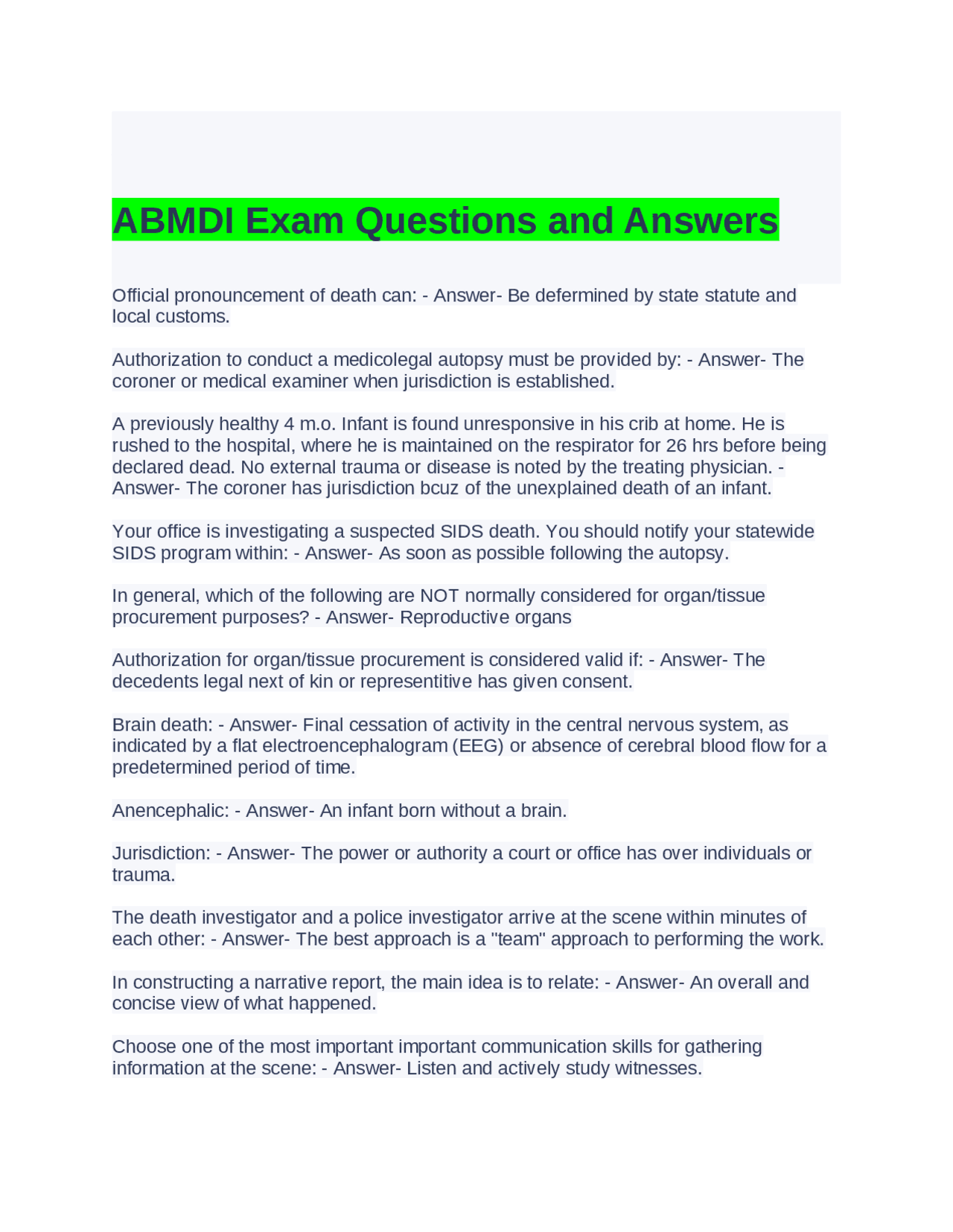 ABMDI Exam Questions and Answers | Exams Nursing | Docsity