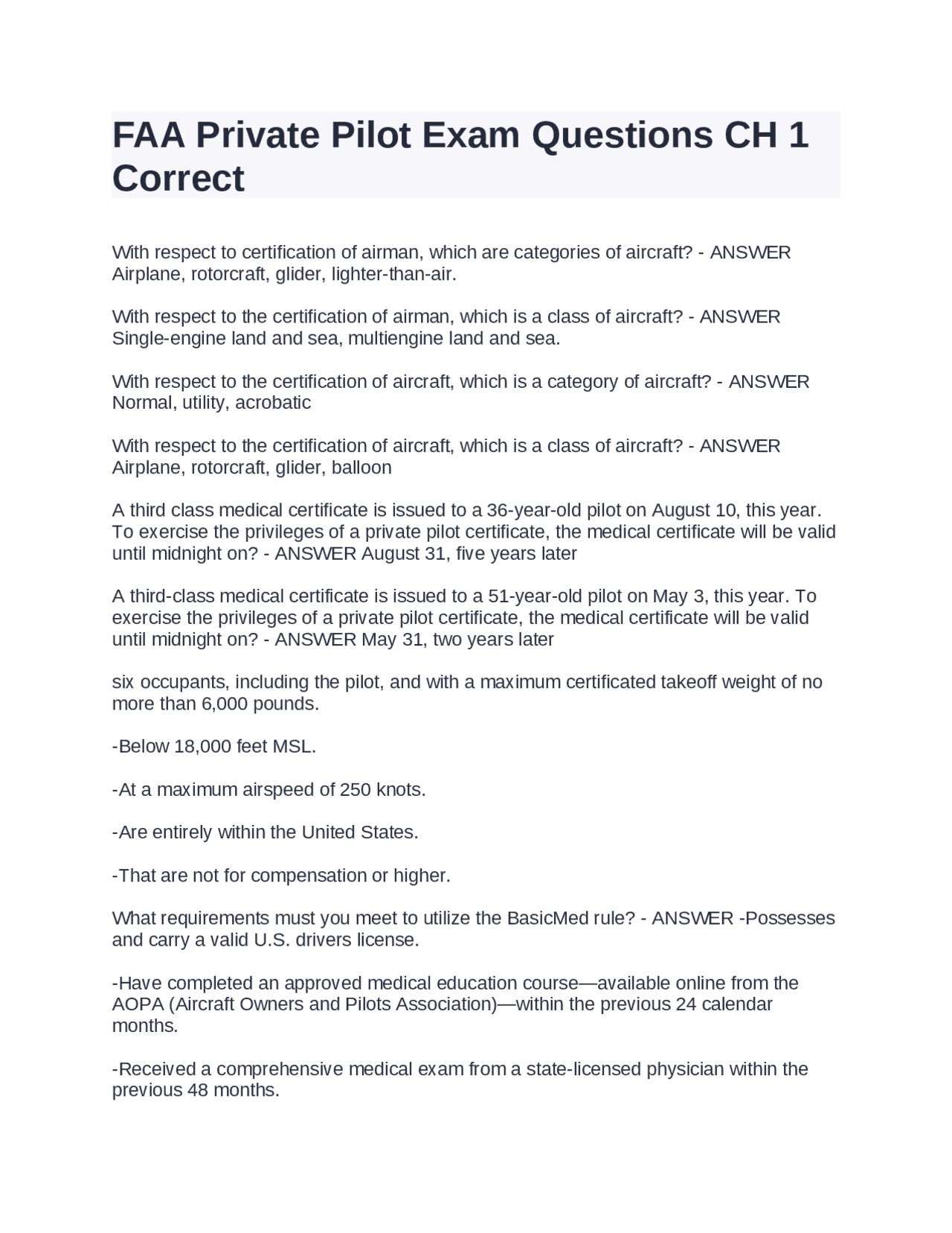 FAA Private Pilot Exam Questions CH 1 Correct | Exams Engineering | Docsity