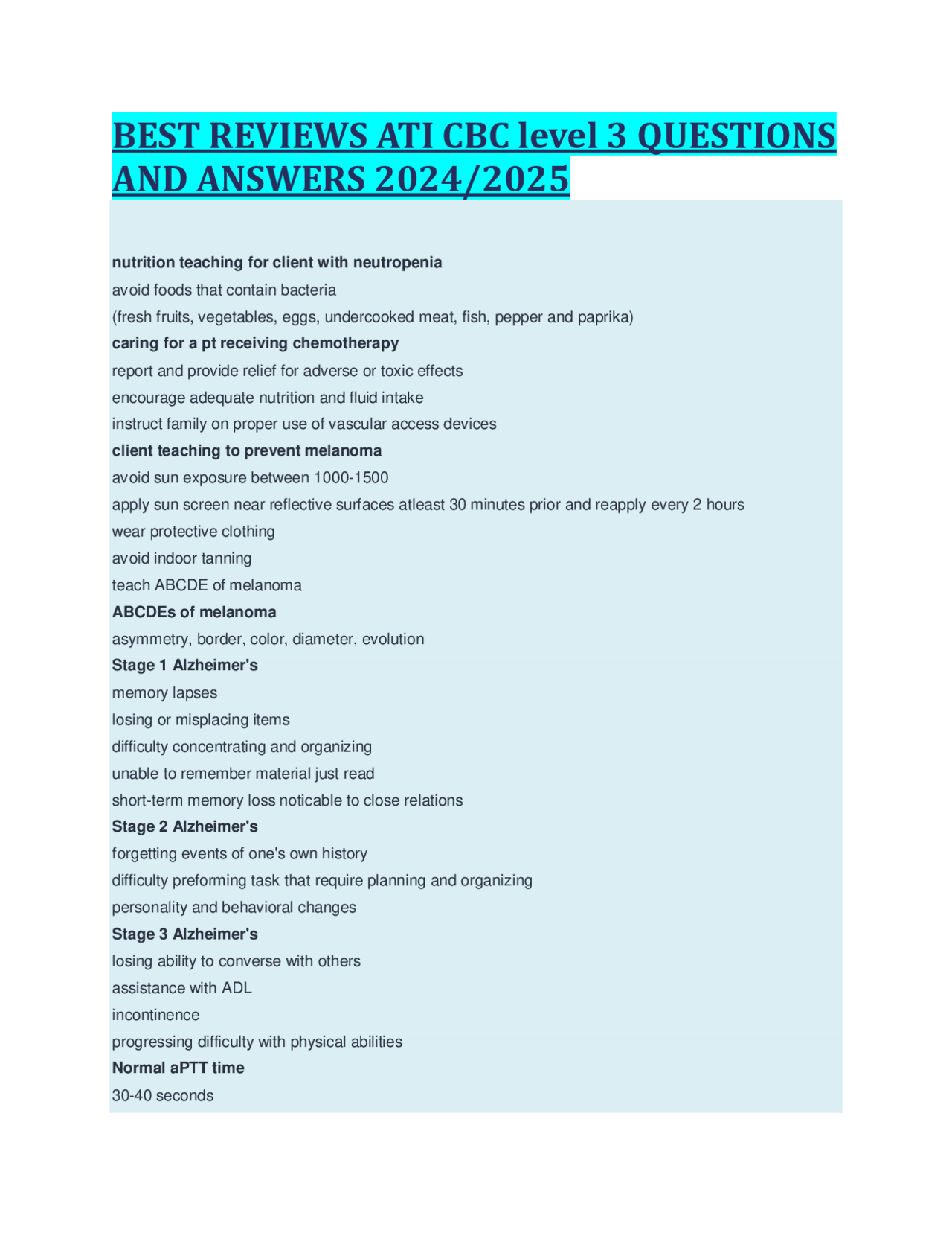 BEST REVIEWS ATI CBC level 3 QUESTIONS AND ANSWERS 2024/2025 | Study ...