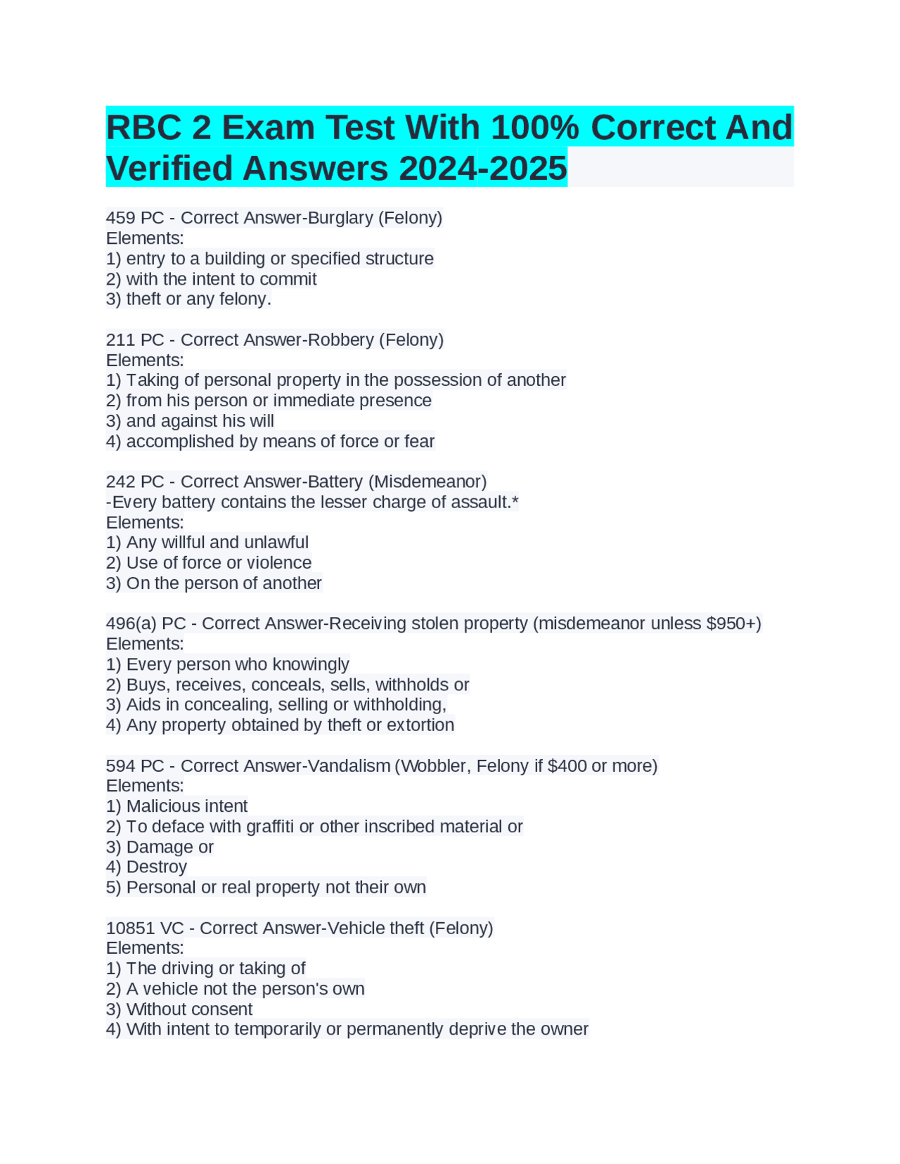 RBC 2 Exam Test With 100% Correct And Verified Answers 2024-2025 ...