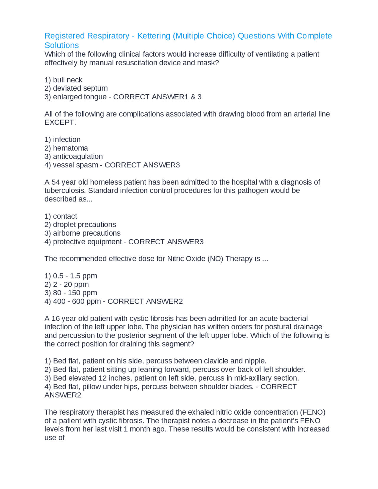 Registered Respiratory - Kettering (Multiple Choice) Questions With ...