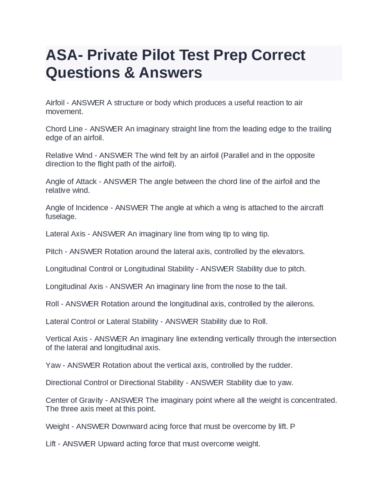 ASA- Private Pilot Test Prep Correct Questions & Answers | Exams ...