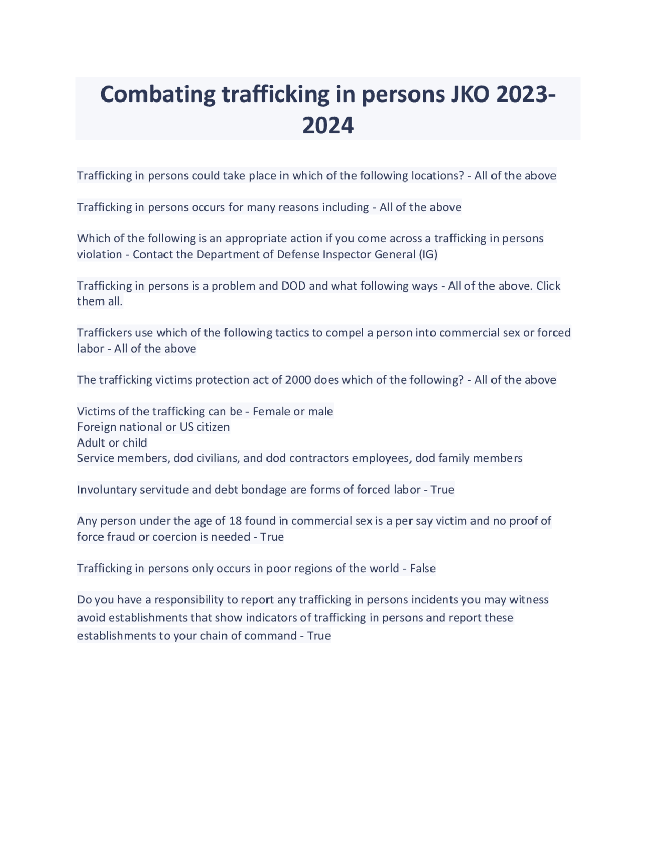 Combating trafficking in persons JKO 2023-2024 | Exams Constitutional ...