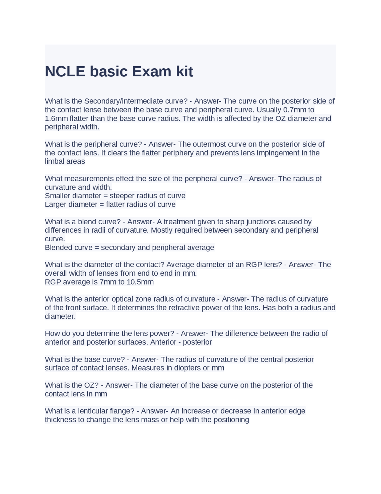NCLE basic Exam kit Questions and Answers | Exams Nursing | Docsity