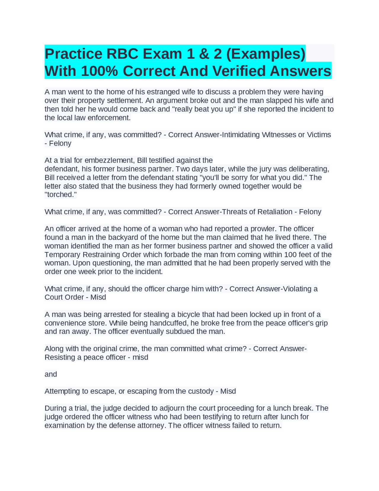 Practice RBC Exam 1 & 2 (Examples) With 100% Correct And Verified ...