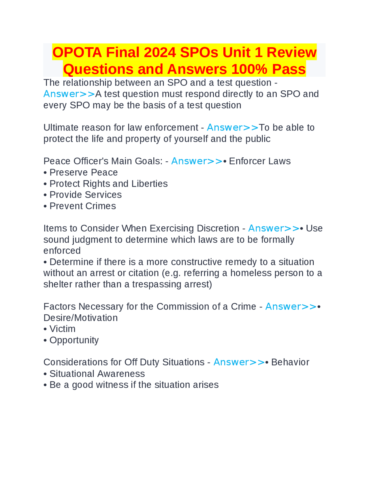 Opota Final 2024 Spos Unit 1 Review Questions And Answers 100 Pass Exams Civil Law Docsity 
