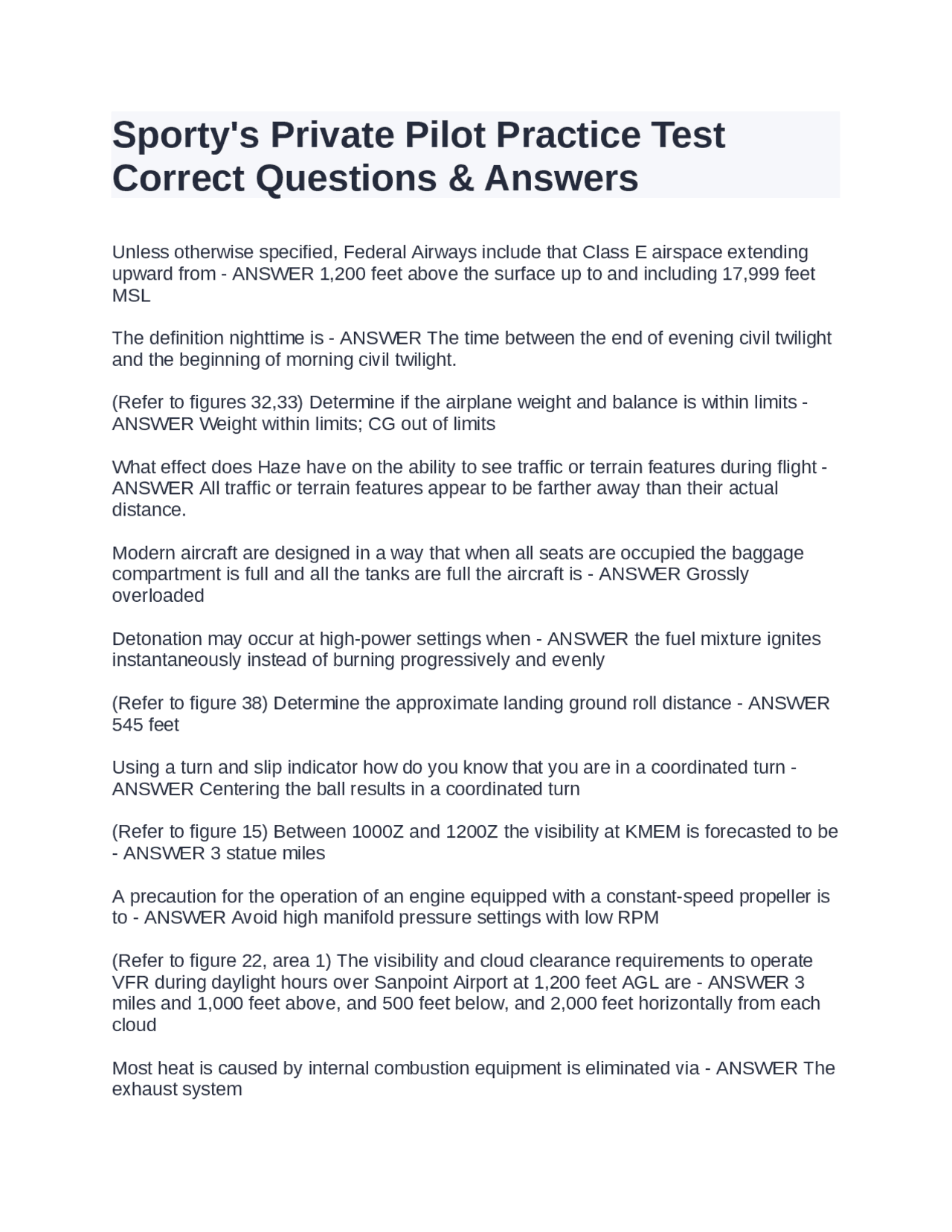 Sporty's Private Pilot Practice Test Correct Questions & Answers ...