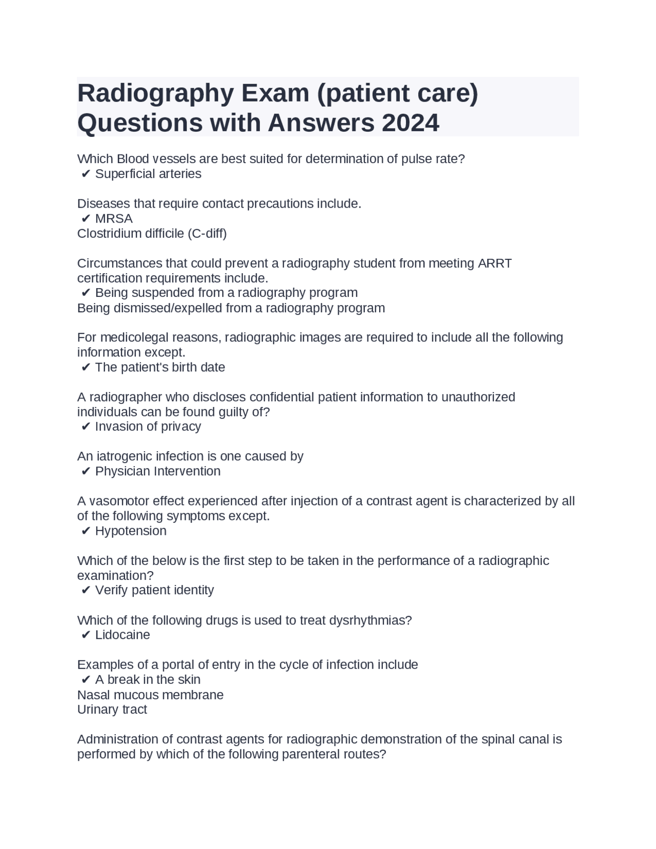 Radiography Exam (patient care) Questions with Answers 2024 | Exams ...