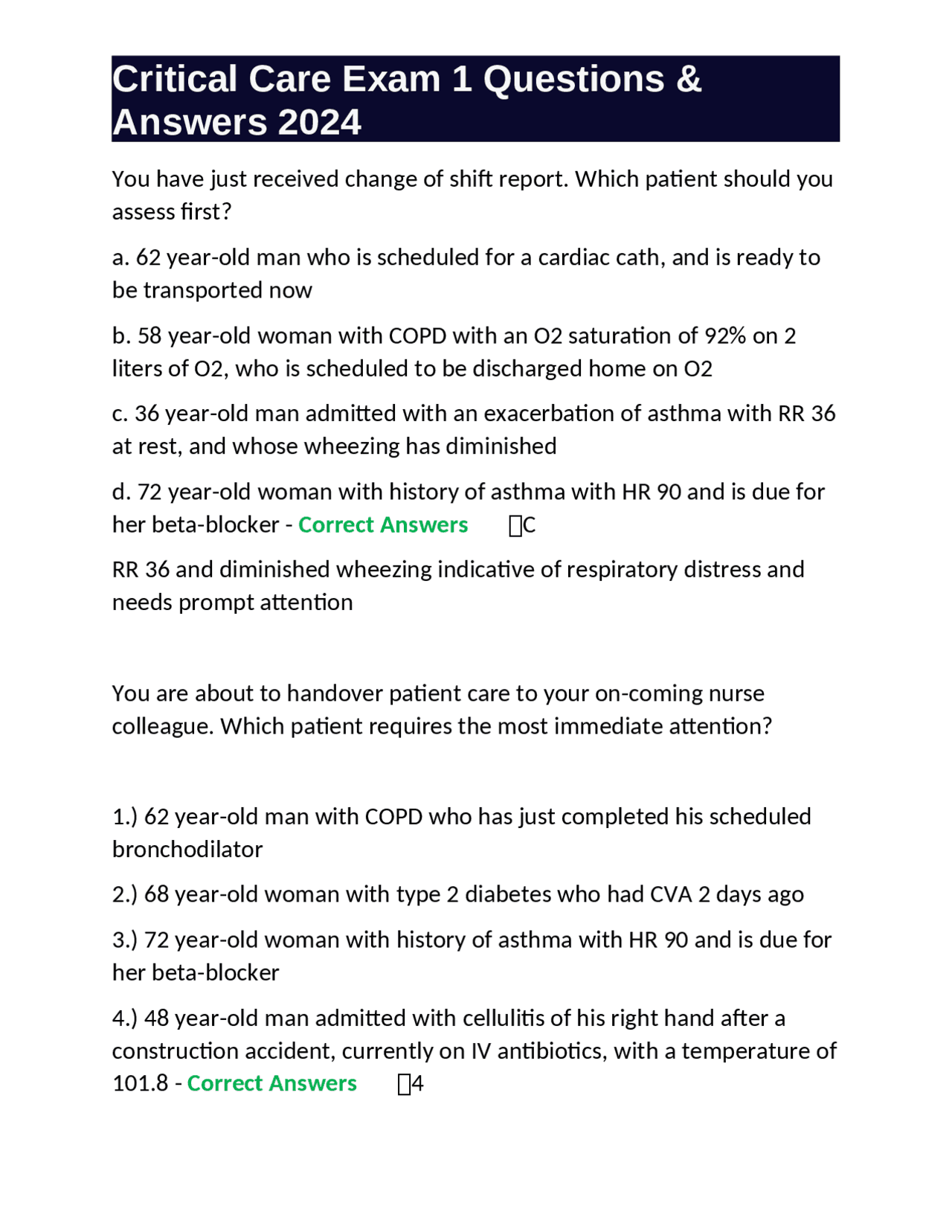 Critical Care Exam 1 Questions & Answers 2024 | Exams Nursing | Docsity