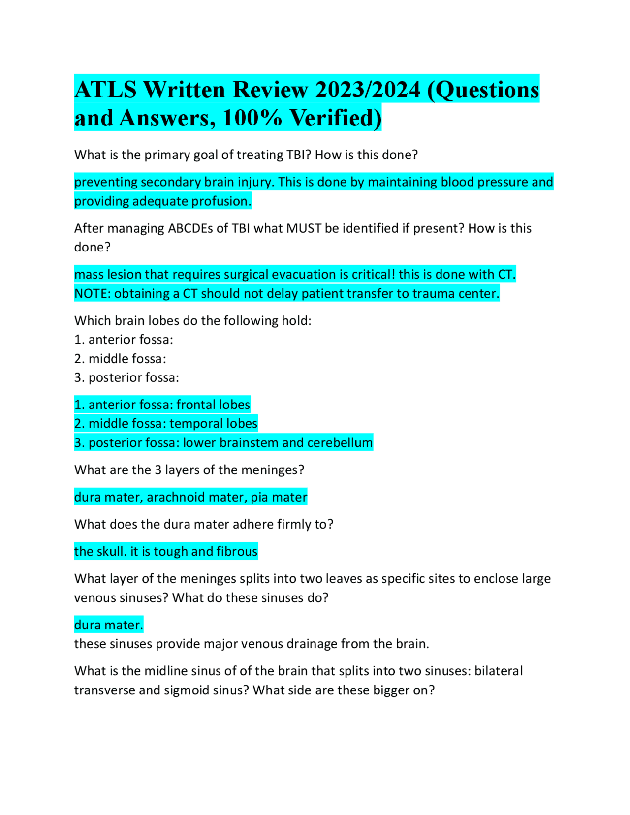 ATLS Written Review 2023/2024 (Questions and Answers, 100% Verified ...