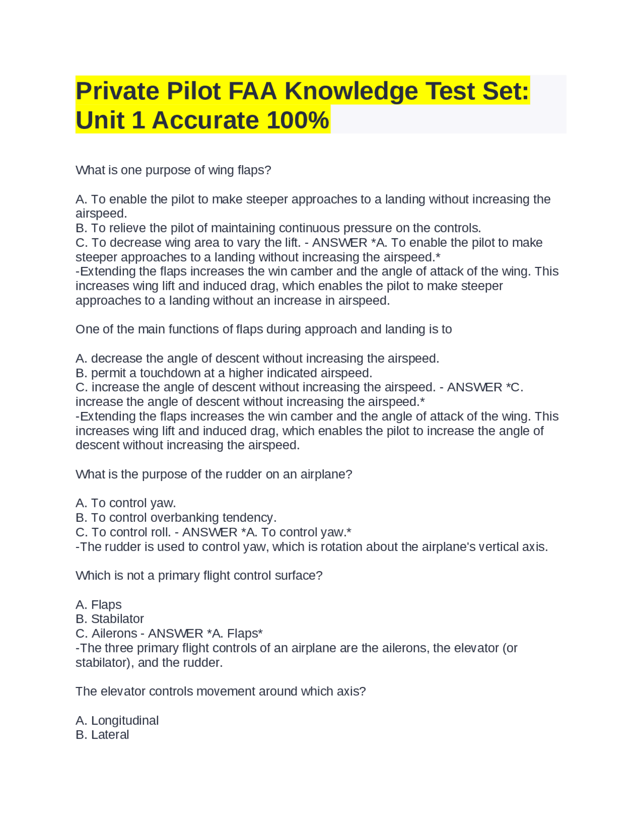 Private Pilot FAA Knowledge Test Set: Unit 1 Accurate 100% | Exams ...