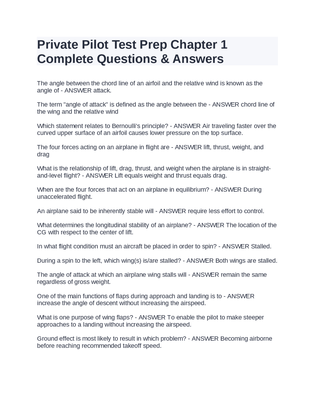 Private Pilot Test Prep Chapter 1 Complete Questions & Answers | Exams ...