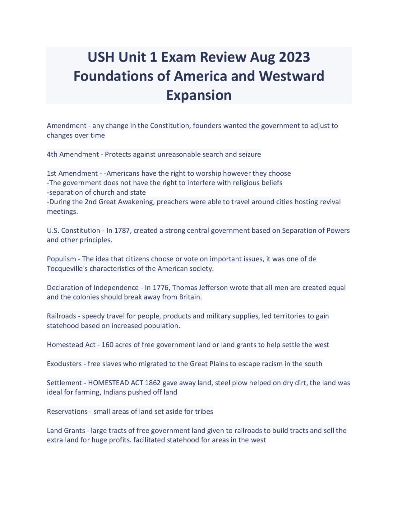 Foundations of America and Westward Expansion | Exams Historical ...