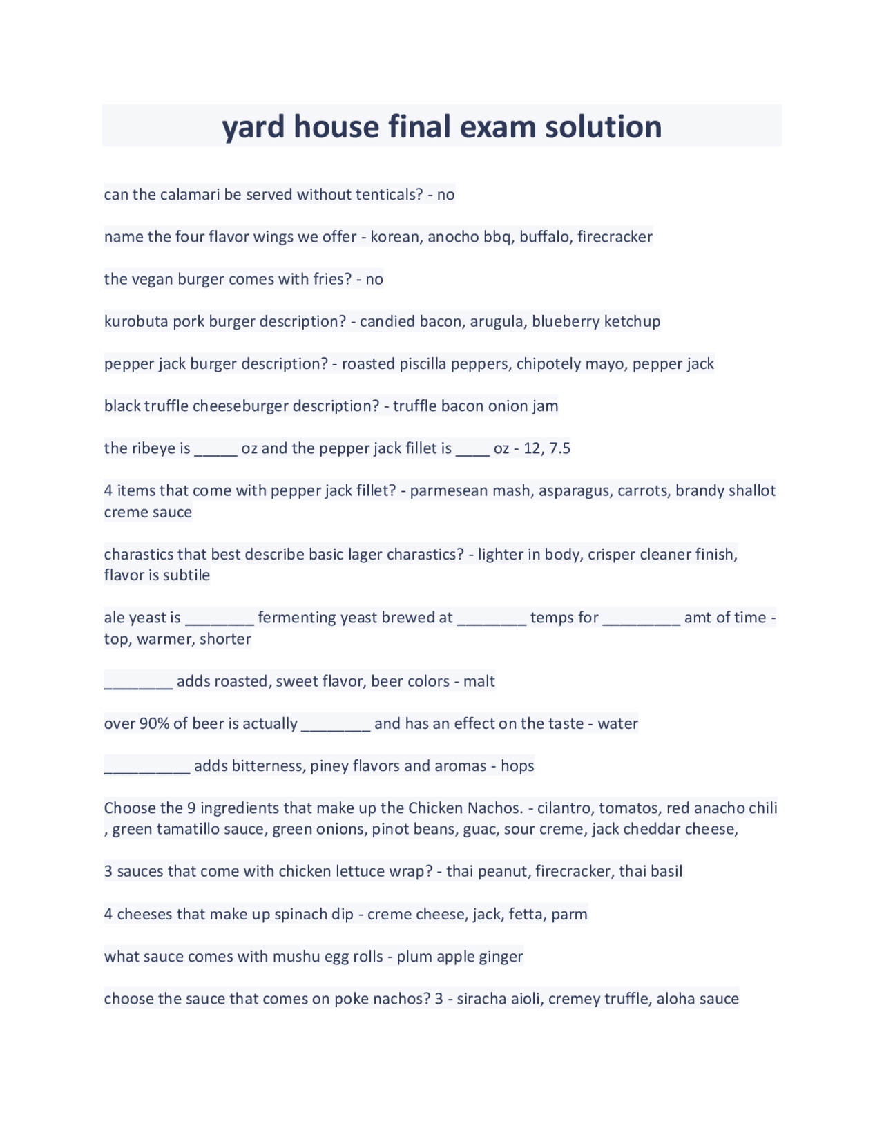 yard house final exam solution | Exams Real Estate Management | Docsity