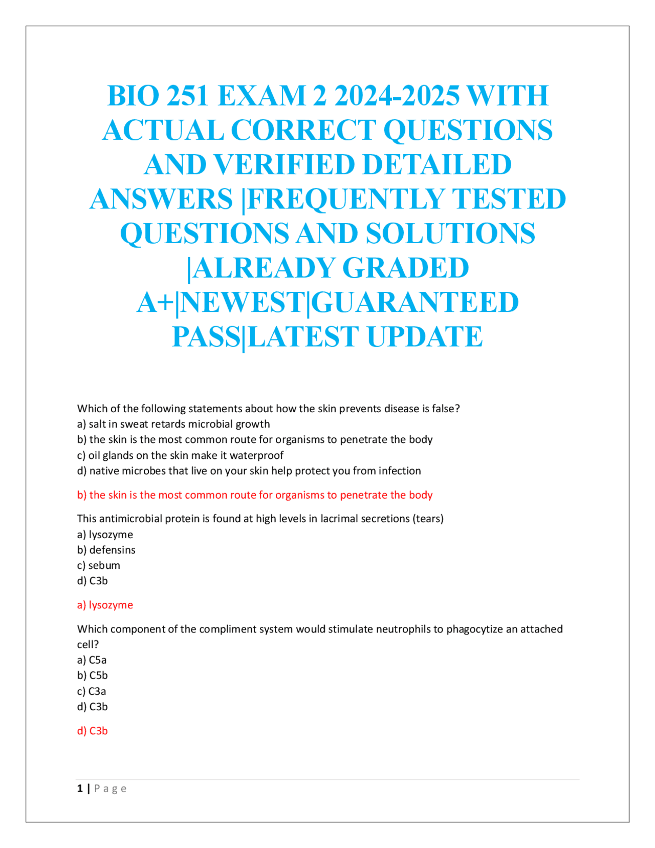 BIO 251 EXAM 2 2024-2025 | Exams Nursing | Docsity