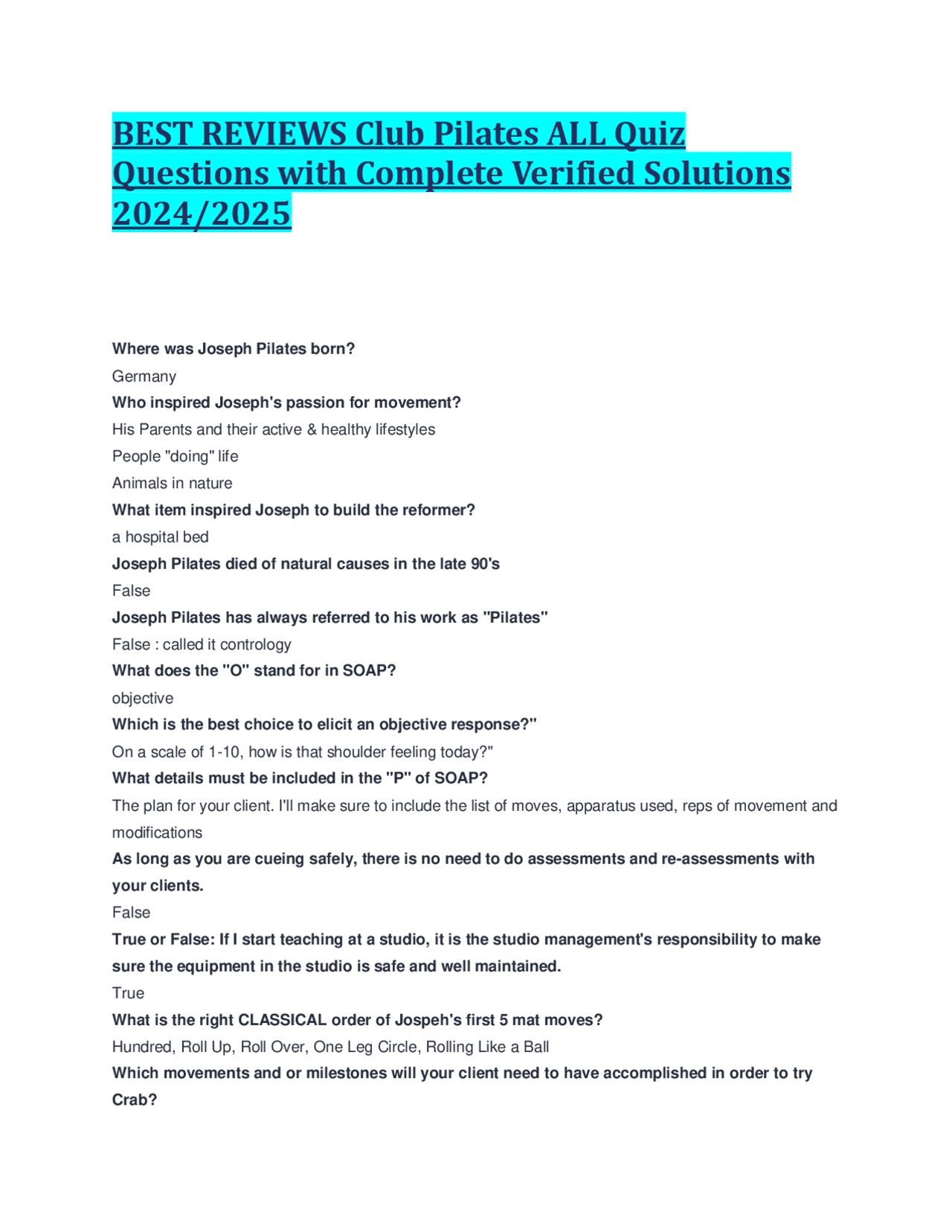 BEST REVIEWS Club Pilates ALL Quiz Questions with Complete Verified ...