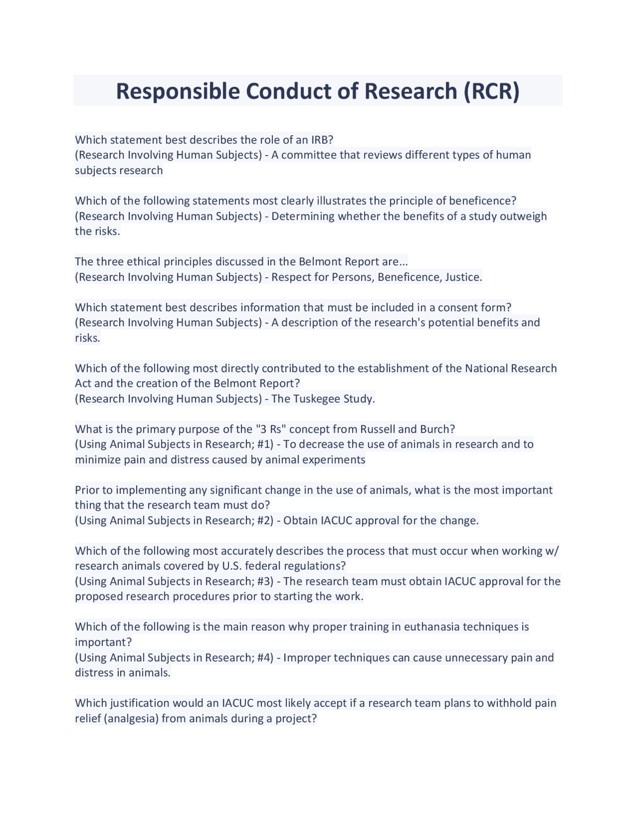 Responsible Conduct of Research (RCR) | Exams Nursing | Docsity