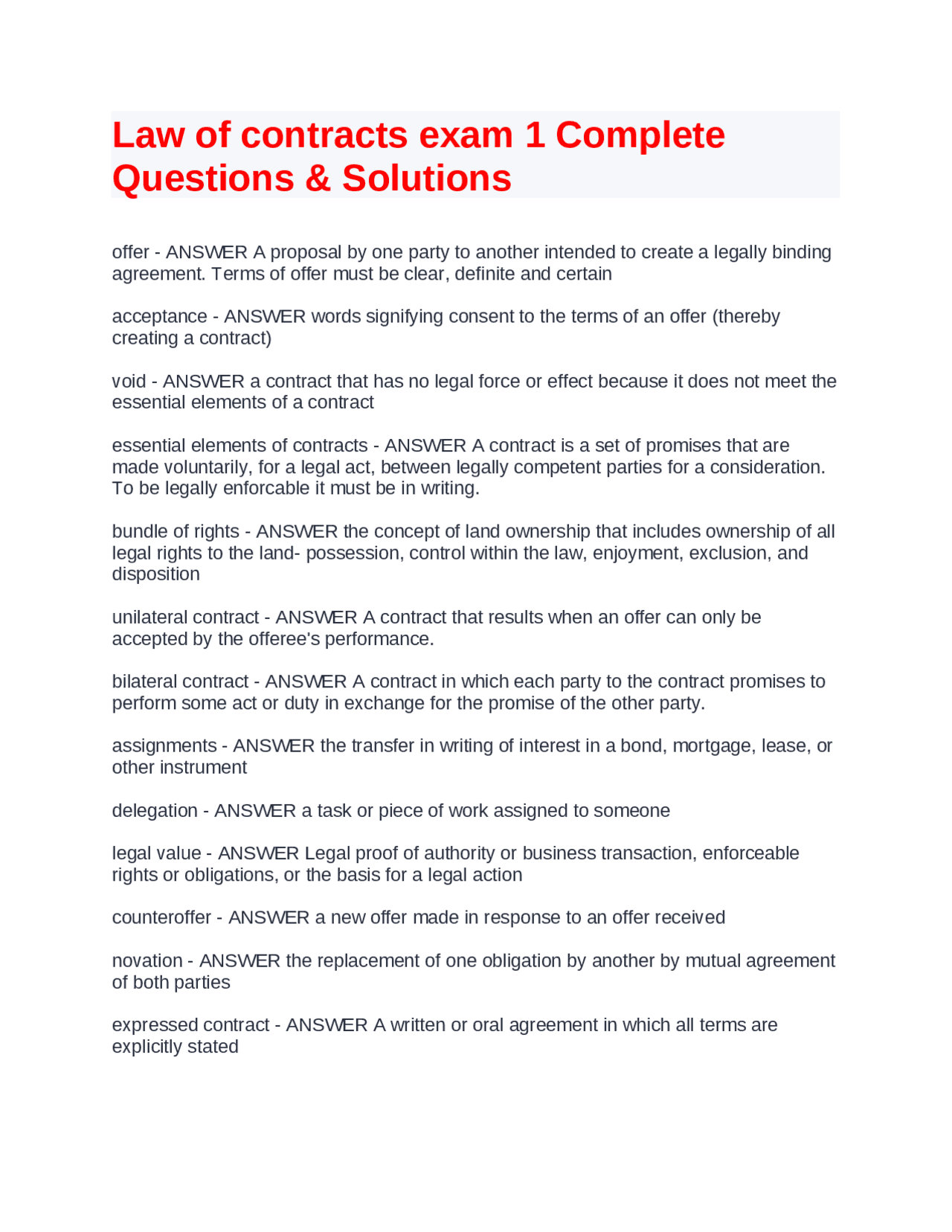 Law of contracts exam 1 Complete Questions & Solutions | Exams Nursing ...
