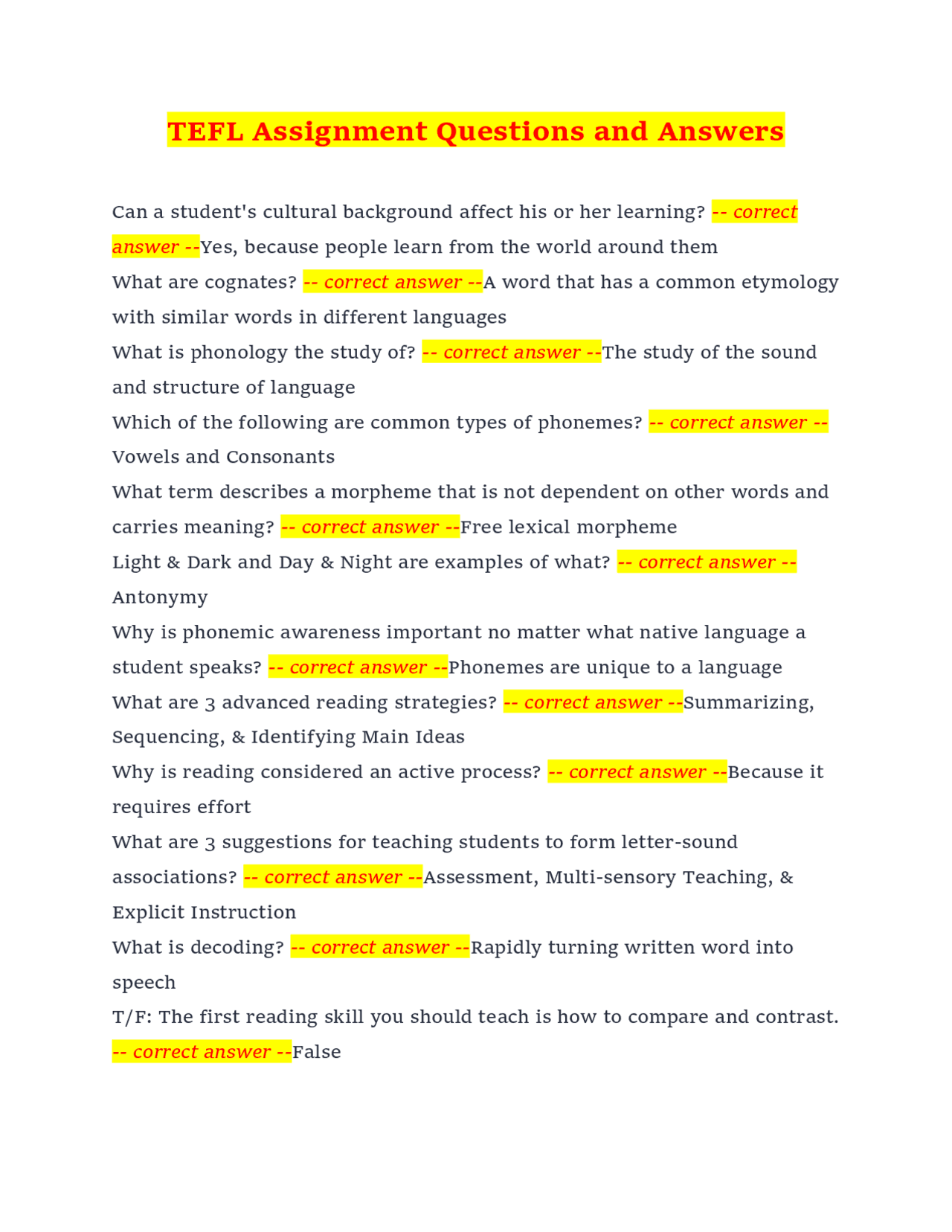 TEFL Assignment Questions and Answers | Exams Nursing | Docsity