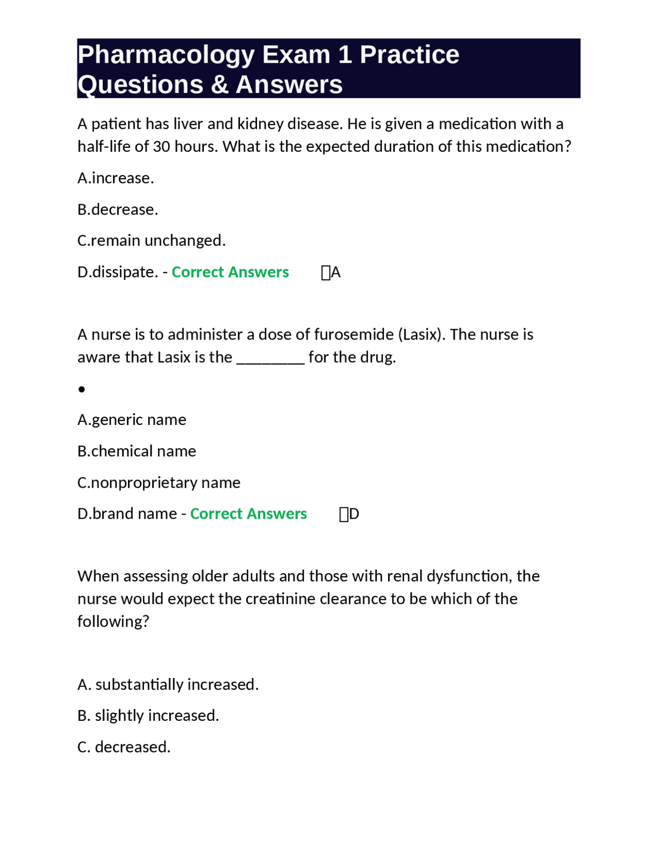 Pharmacology Exam 1 Practice Questions & Answers | Exams Nursing | Docsity