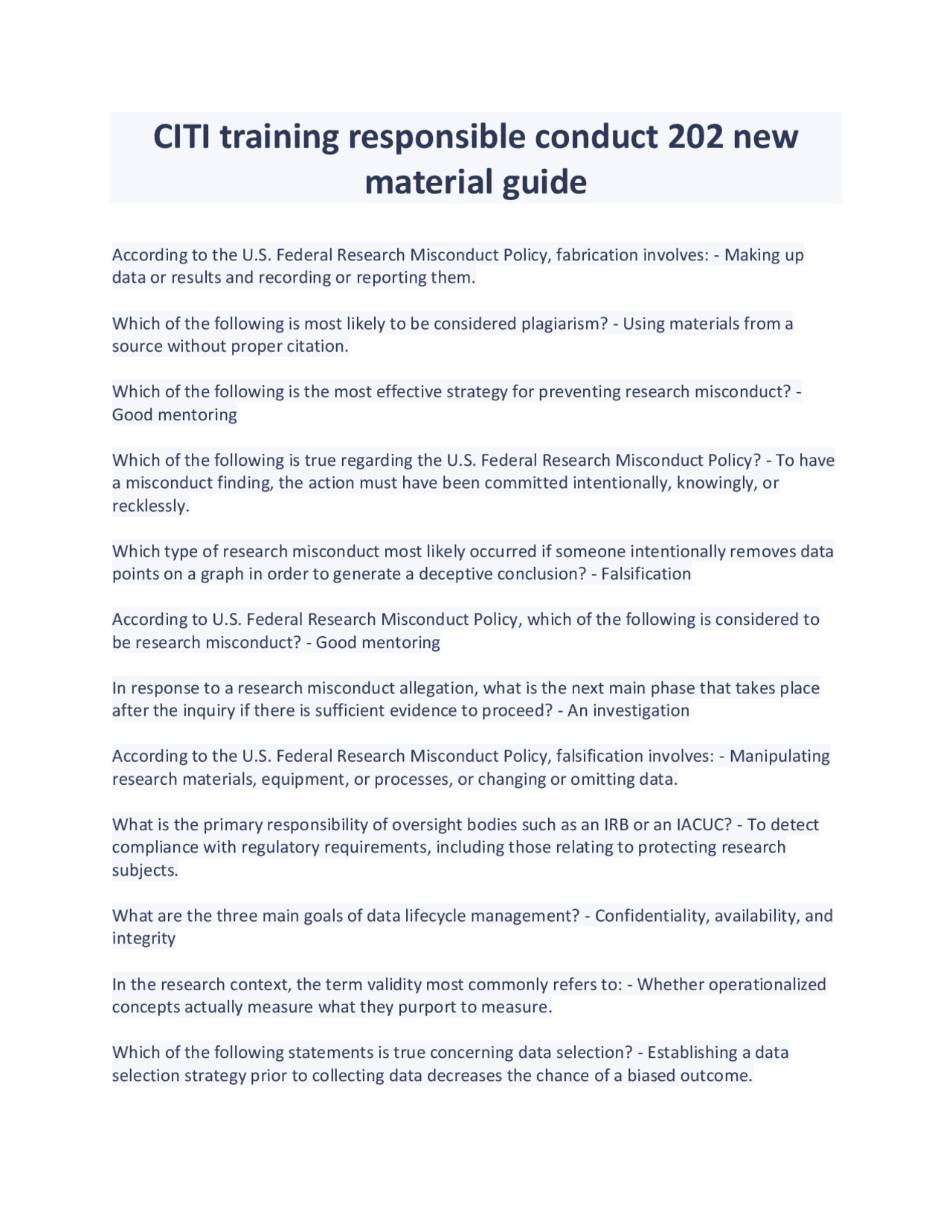 CITI Training Responsible Conduct 202 New Material Guide | Exams ...