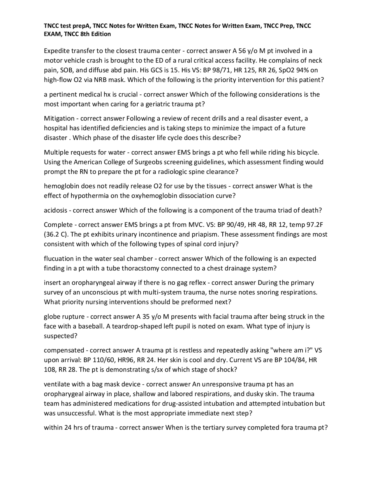 TNCC test prepA, TNCC Notes for Written Exam, TNCC Notes for Written ...