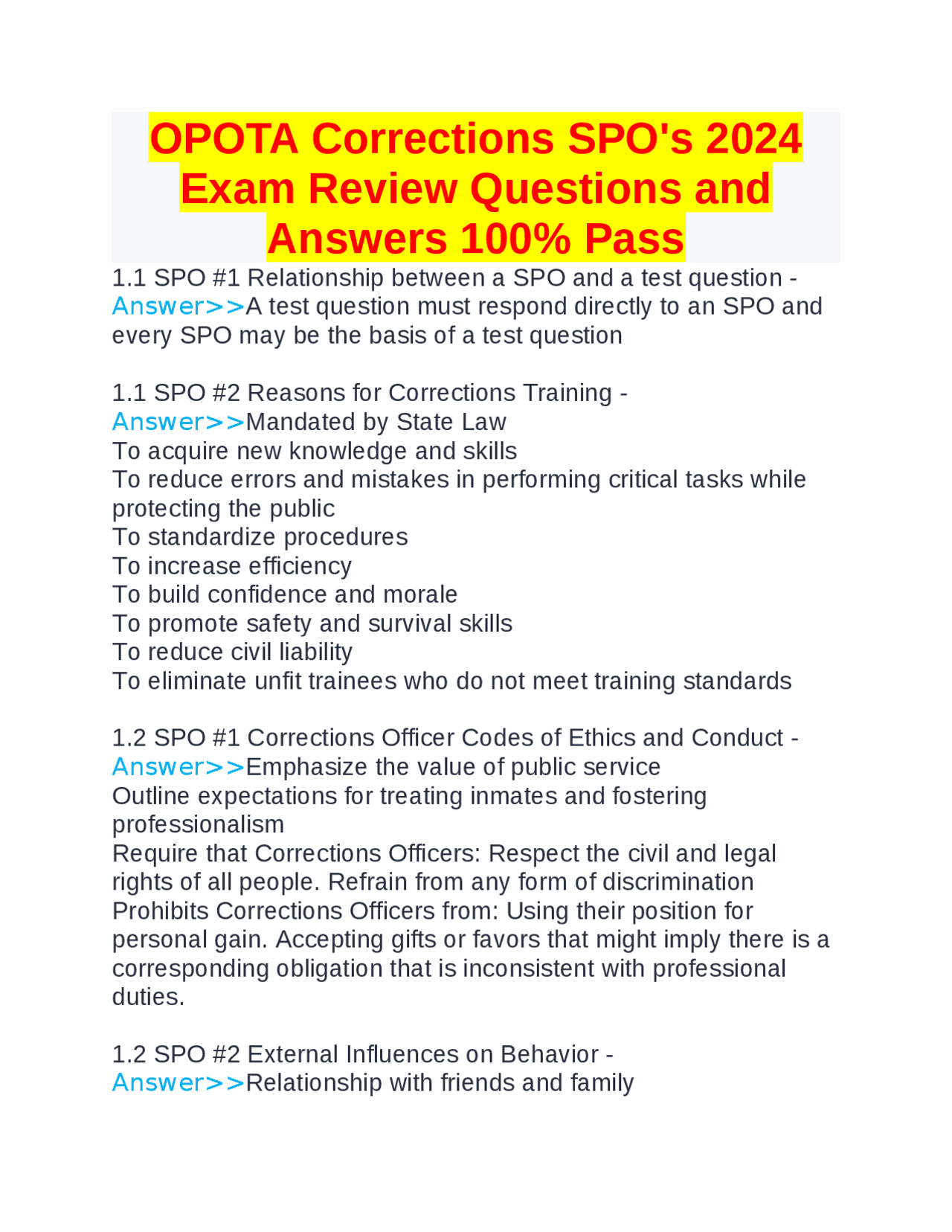 OPOTA Corrections SPO's 2024 Exam Review Questions and Answers 100% ...
