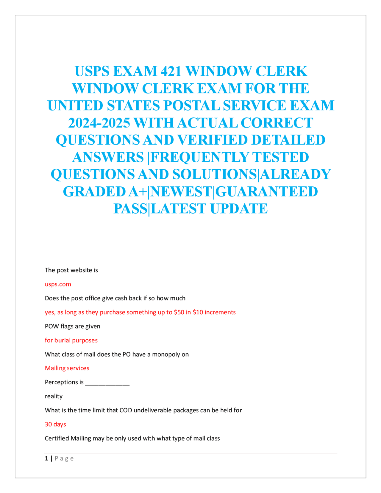 USPS EXAM 421 WINDOW CLERK WINDOW CLERK EXAM FOR THE UNITED STATES ...